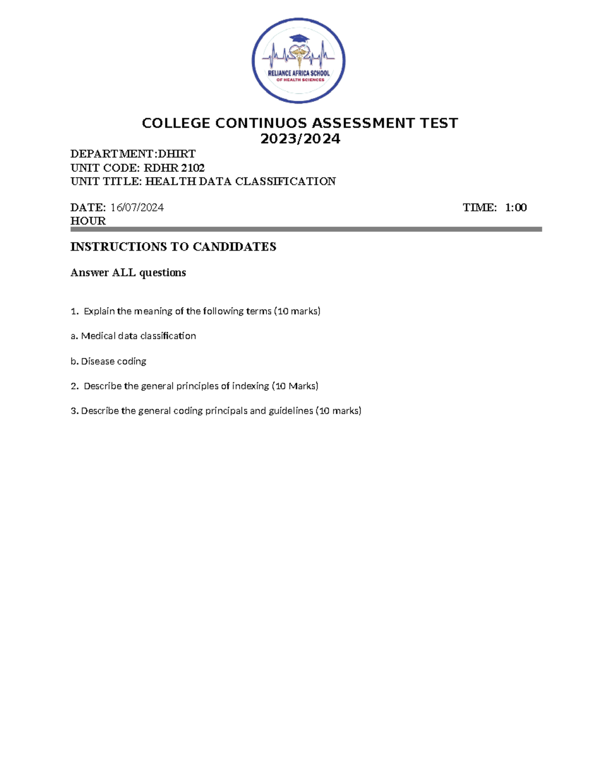 CAT HDC - HDC - health data classification - COLLEGE CONTINUOS ...