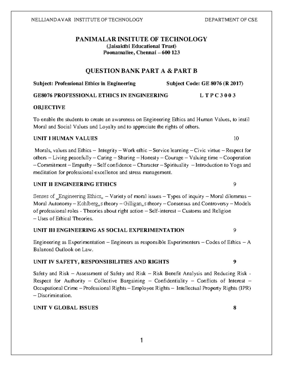 GE8076- Professional- Ethics-IN- Engineering - PANIMALAR INSITUTE OF ...