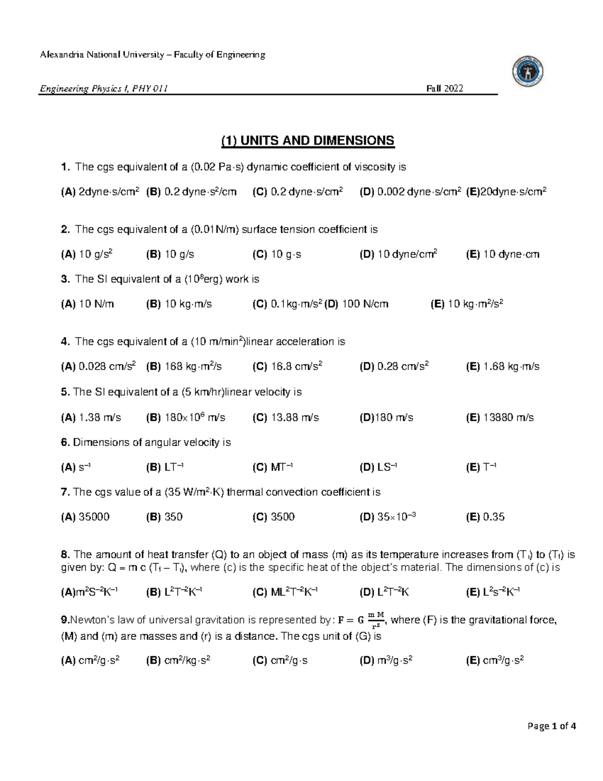 PHY 011 sheet 1 - Alexandria National University – Faculty of Engineering Engineering Physics I ...