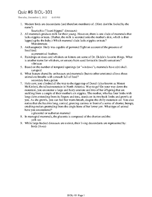 Homework 10 BIOL-101 - 1. Define the following terms: diphyodont ...