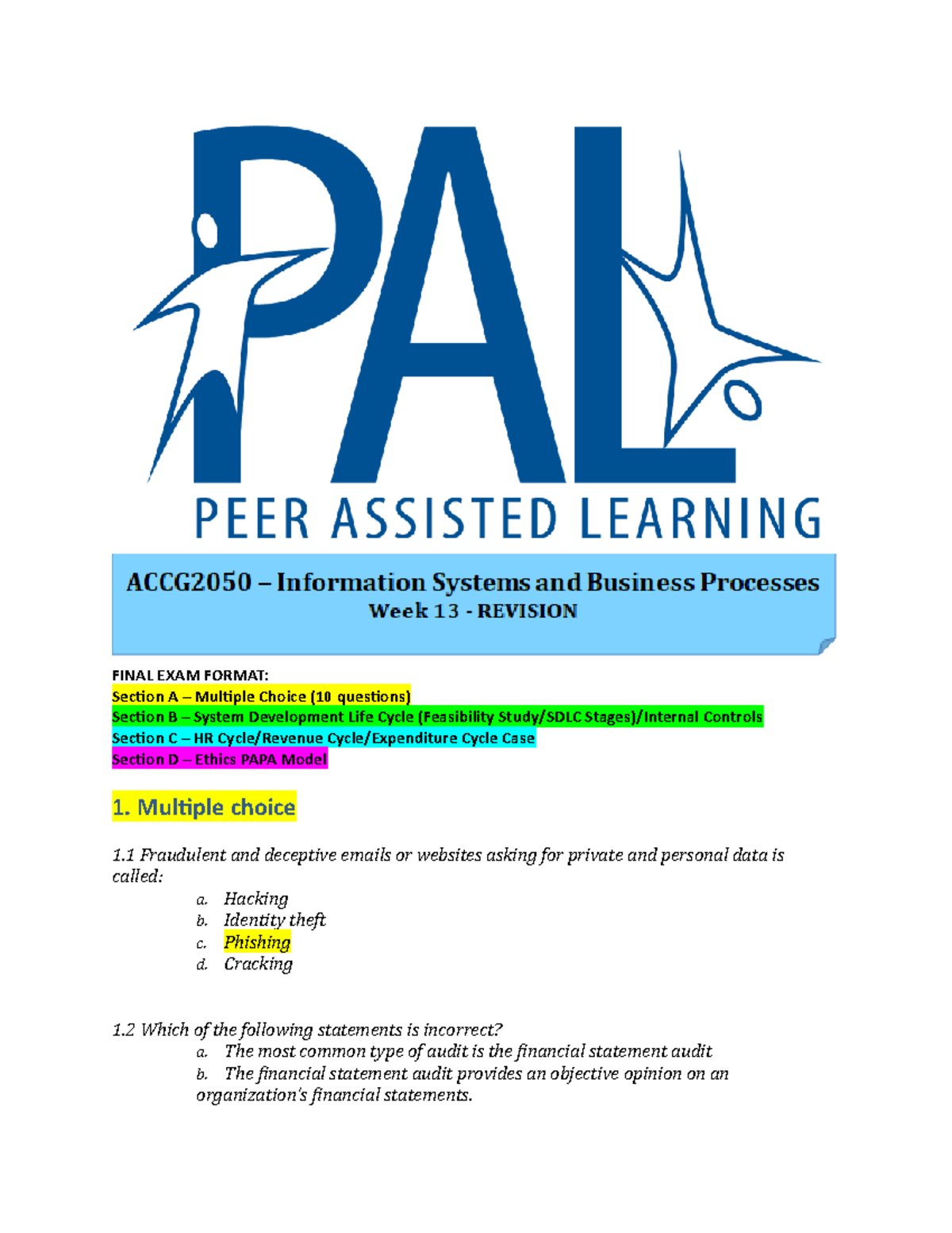 Final EXAM Format - FINAL EXAM FORMAT: Section A – Multiple Choice (10 ...