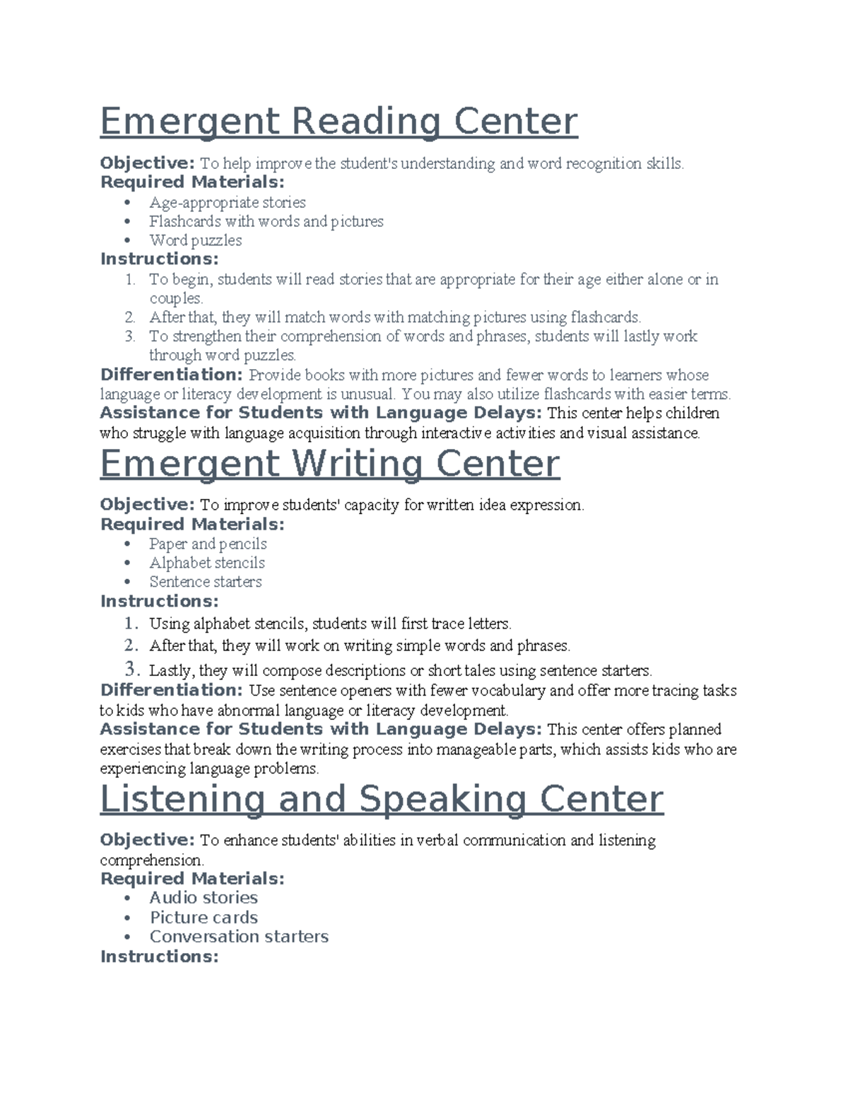 Emergent Literacy Centers - Emergent Reading Center Objective: To help ...