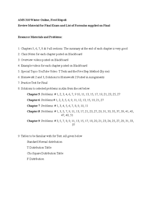 AMS 310 Chapters 1-5 Summary - Introductory Statistics Describing Data ...