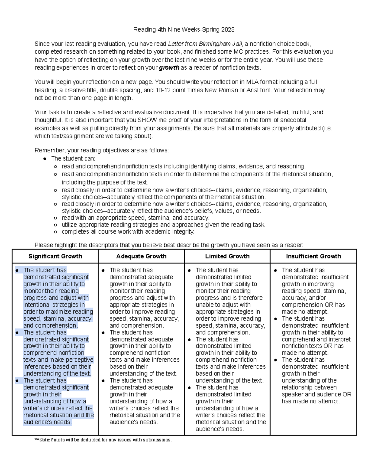 Reading-4th Nine Weeks-Spring 2023 - For this evaluation you have the ...