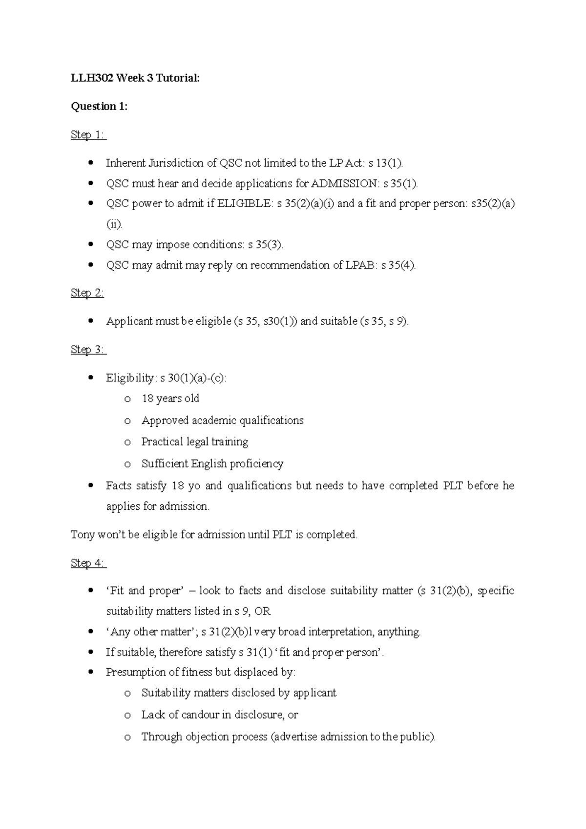 LLH302 Week 3 Tutorial - LLH302 Week 3 Tutorial: Question 1: Step 1: Inherent Jurisdiction of ...