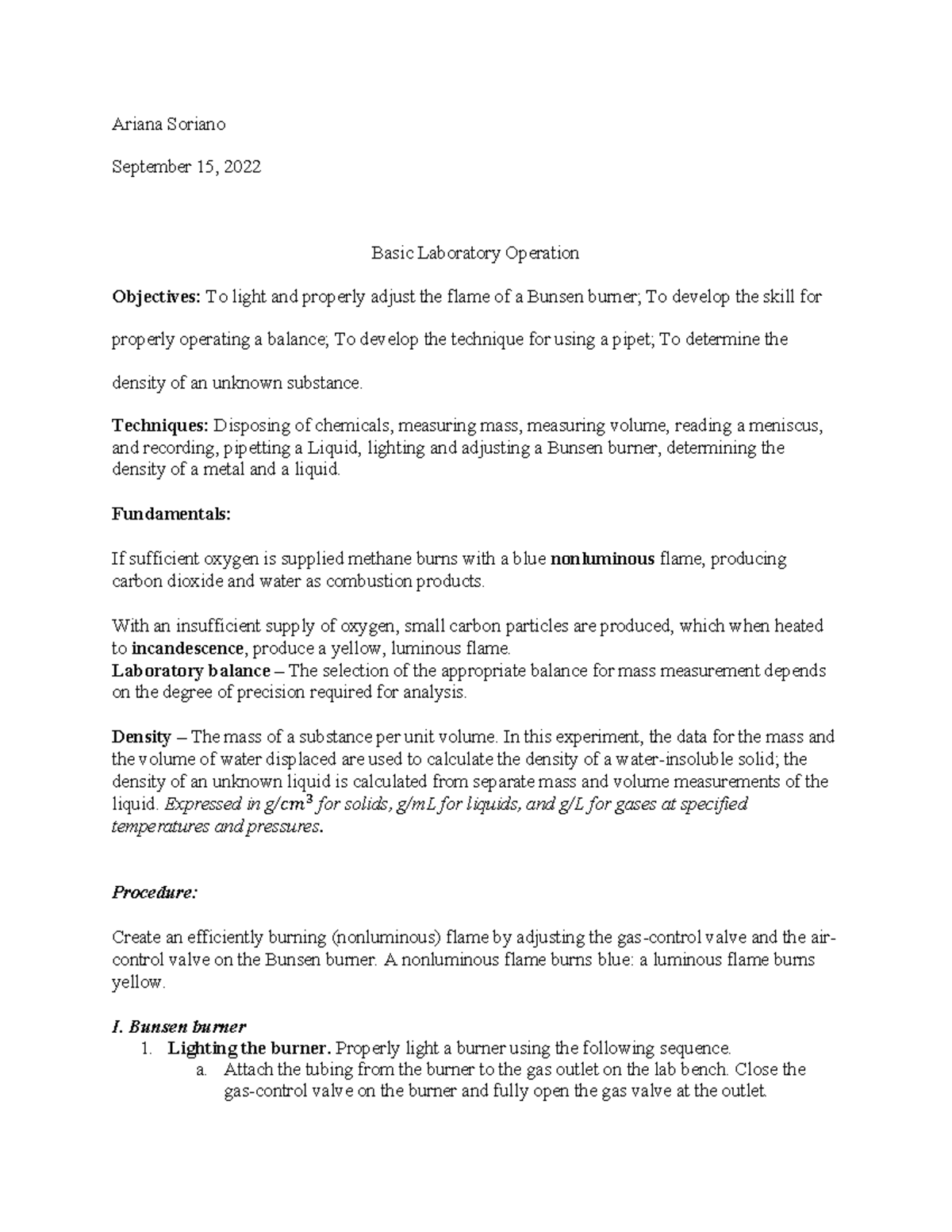 Lab report 1 CHEM - Ariana Soriano September 15, 2022 Basic Laboratory ...
