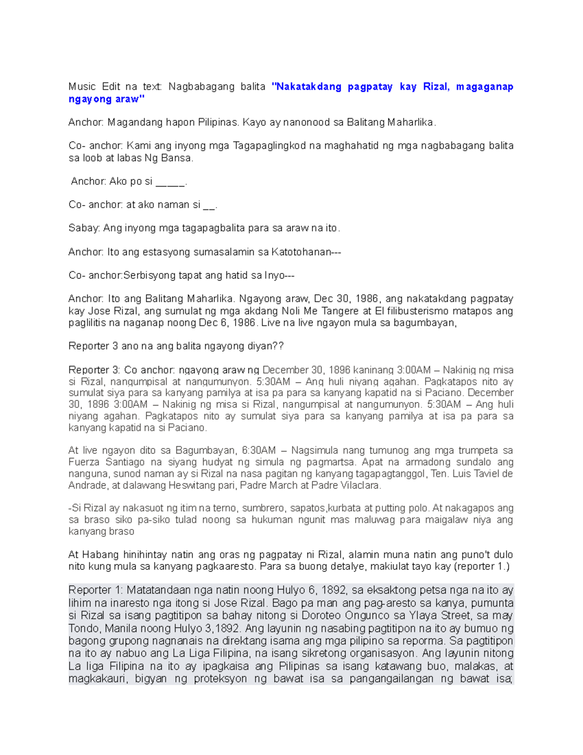 Rizal Script - Music Edit na text: Nagbabagang balita "Nakatakdang ...