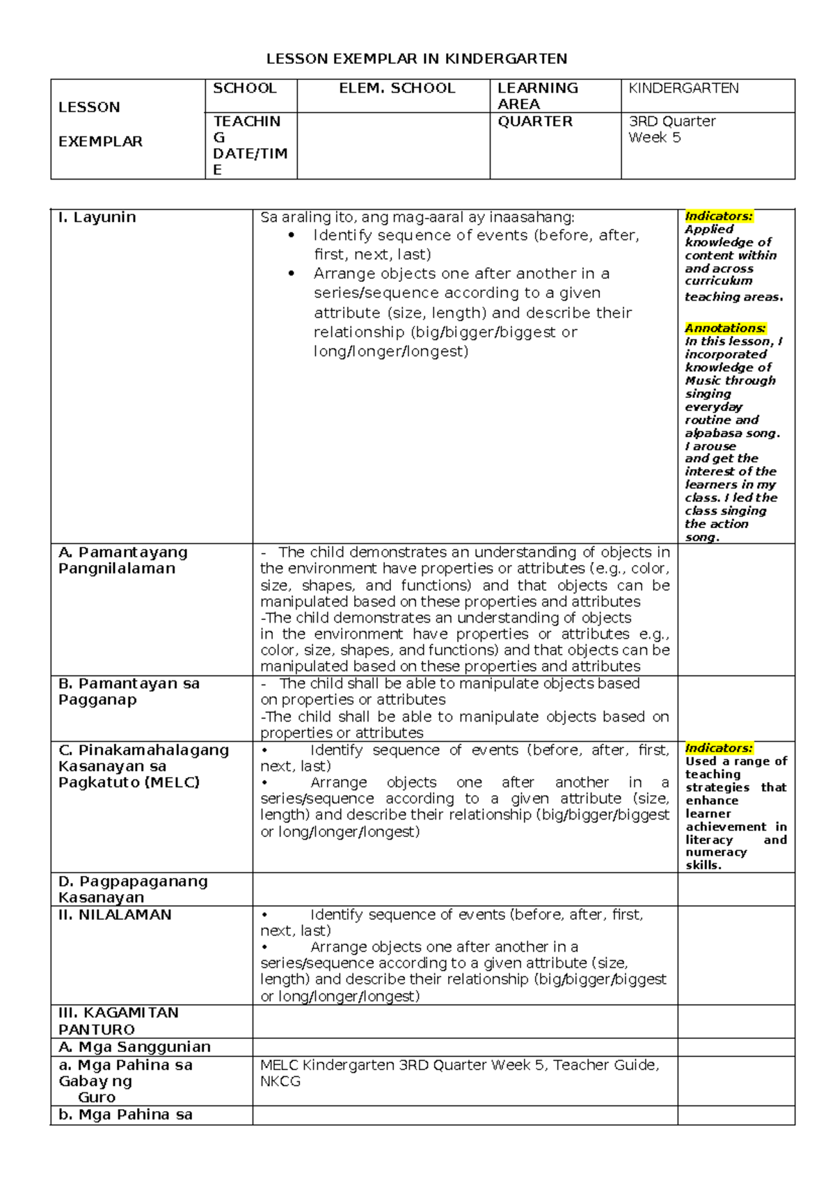 DEPED matatag Class Obserbation - LESSON EXEMPLAR IN KINDERGARTEN ...