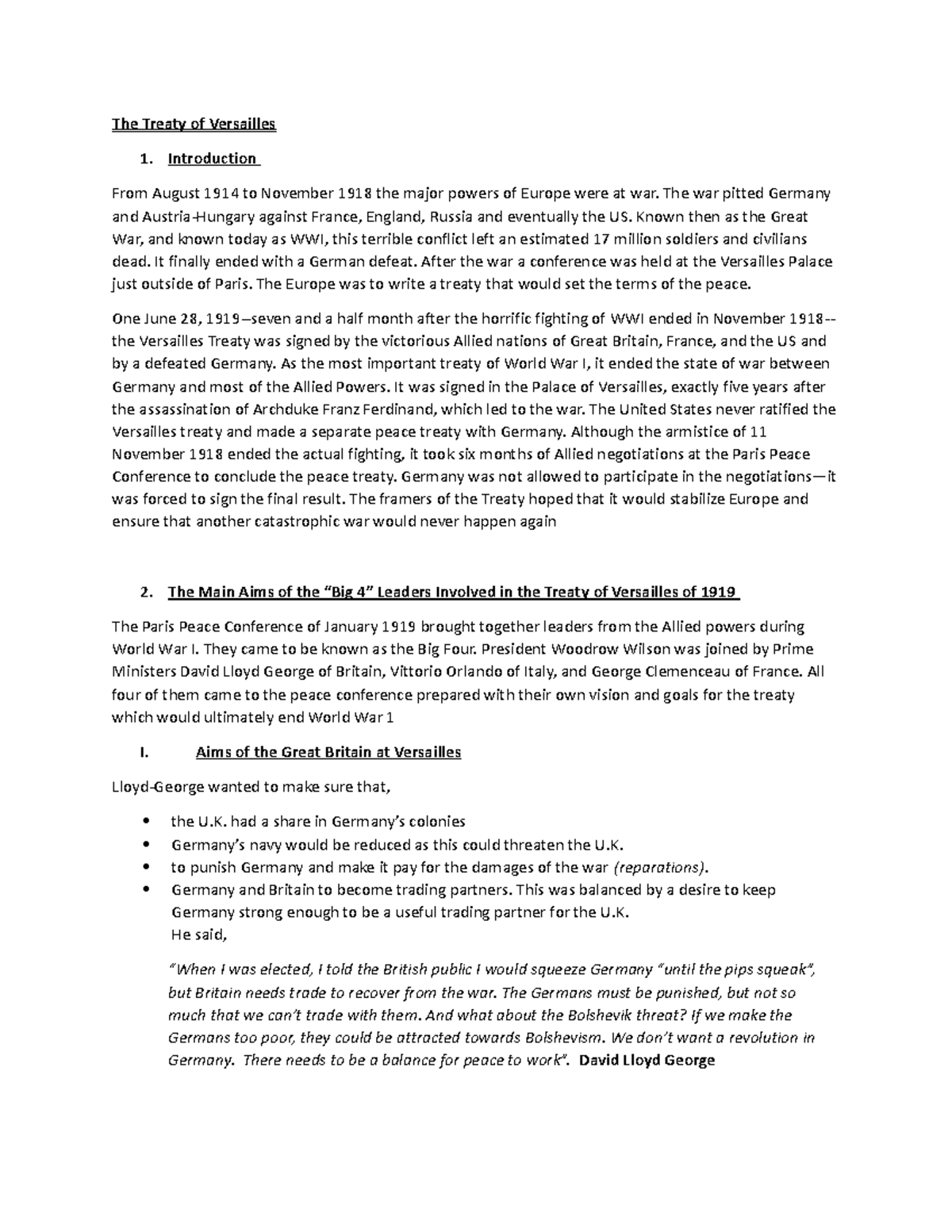 The Treaty of Versailles - The Treaty of Versailles Introduction From ...