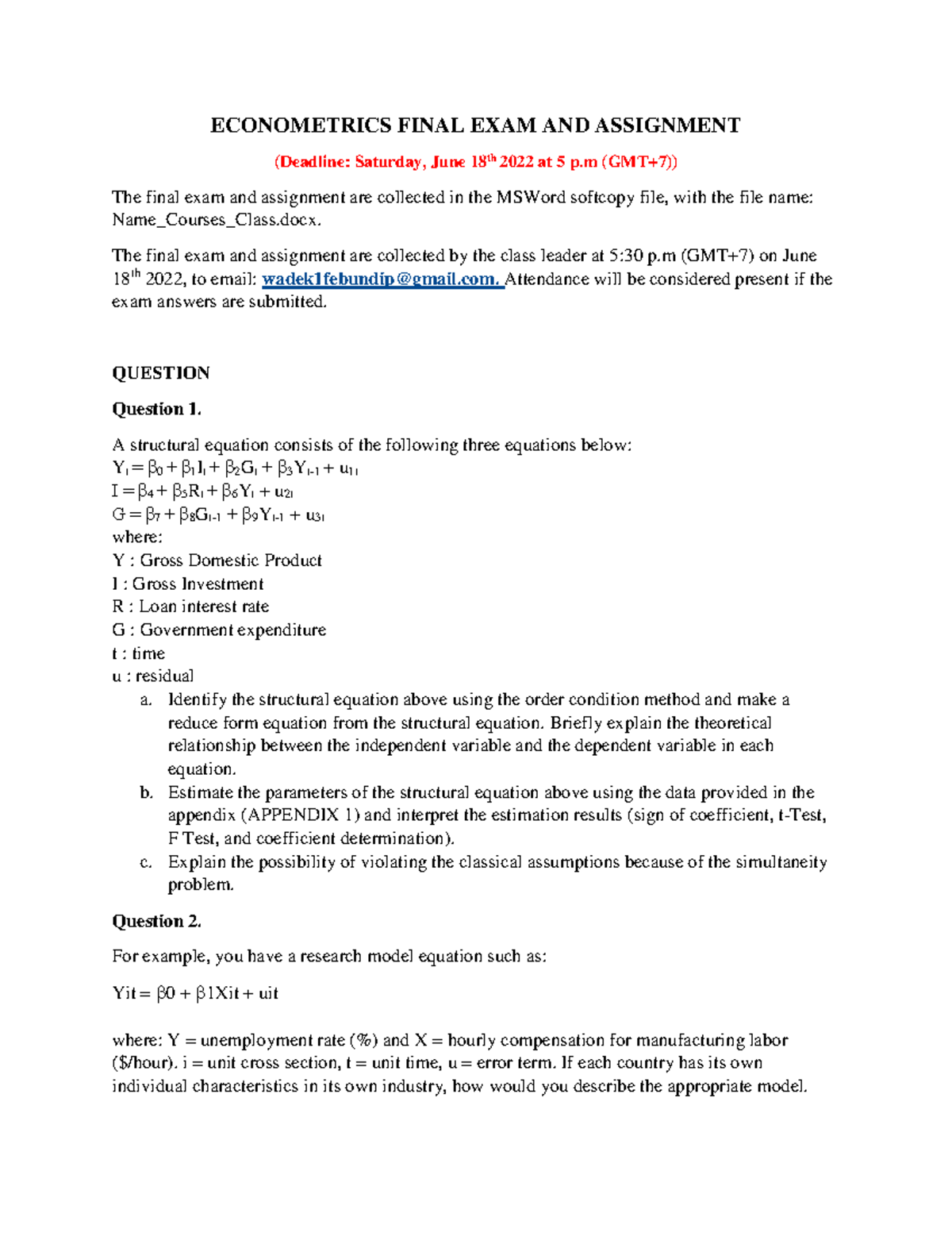 FInal Exam Econometrics Miesp - ECONOMETRICS FINAL EXAM AND ASSIGNMENT ...