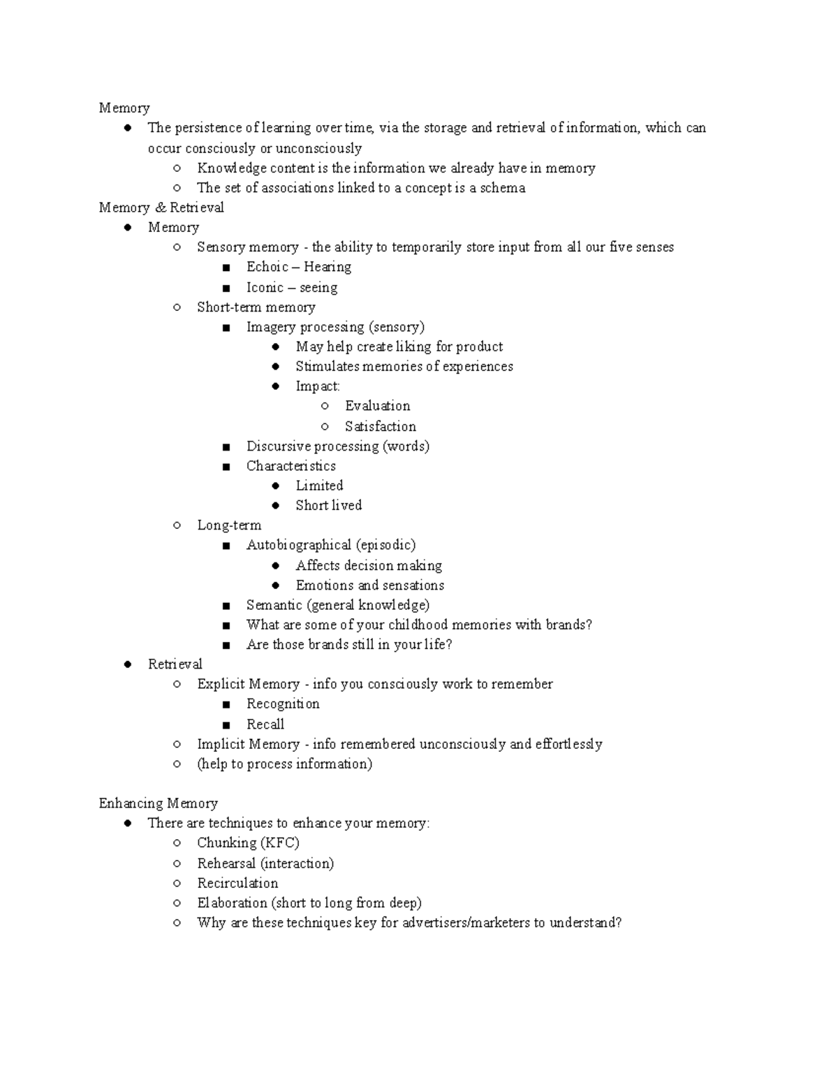 Chapter 4 Memory Knowledge - Memory The persistence of learning over time, via the storage and ...