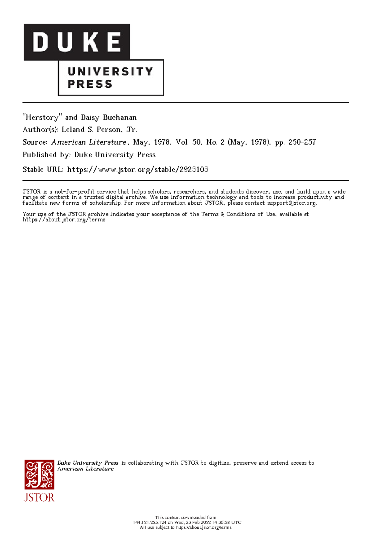 Daisy - ,,l,ll - "Herstory" and Daisy Buchanan Author(s): Leland S ...