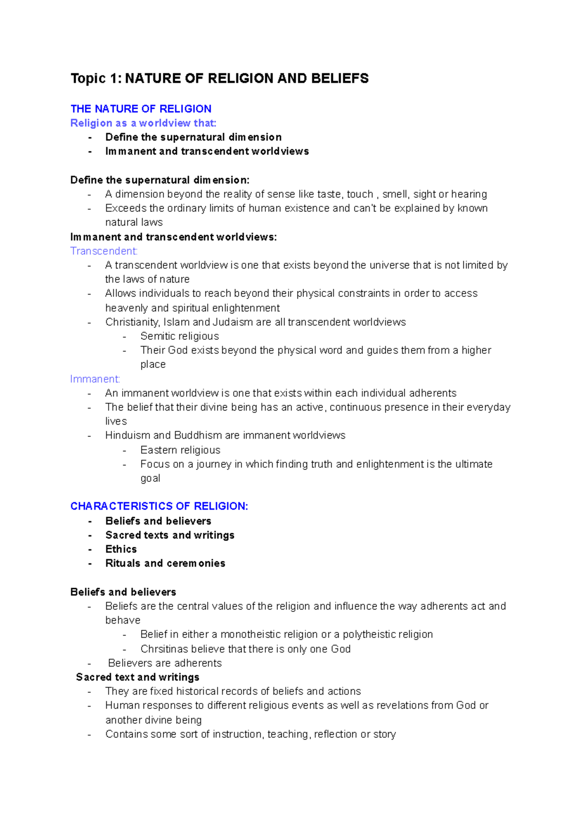 RE Prelims Notes - Topic 1: NATURE OF RELIGION AND BELIEFS THE NATURE ...