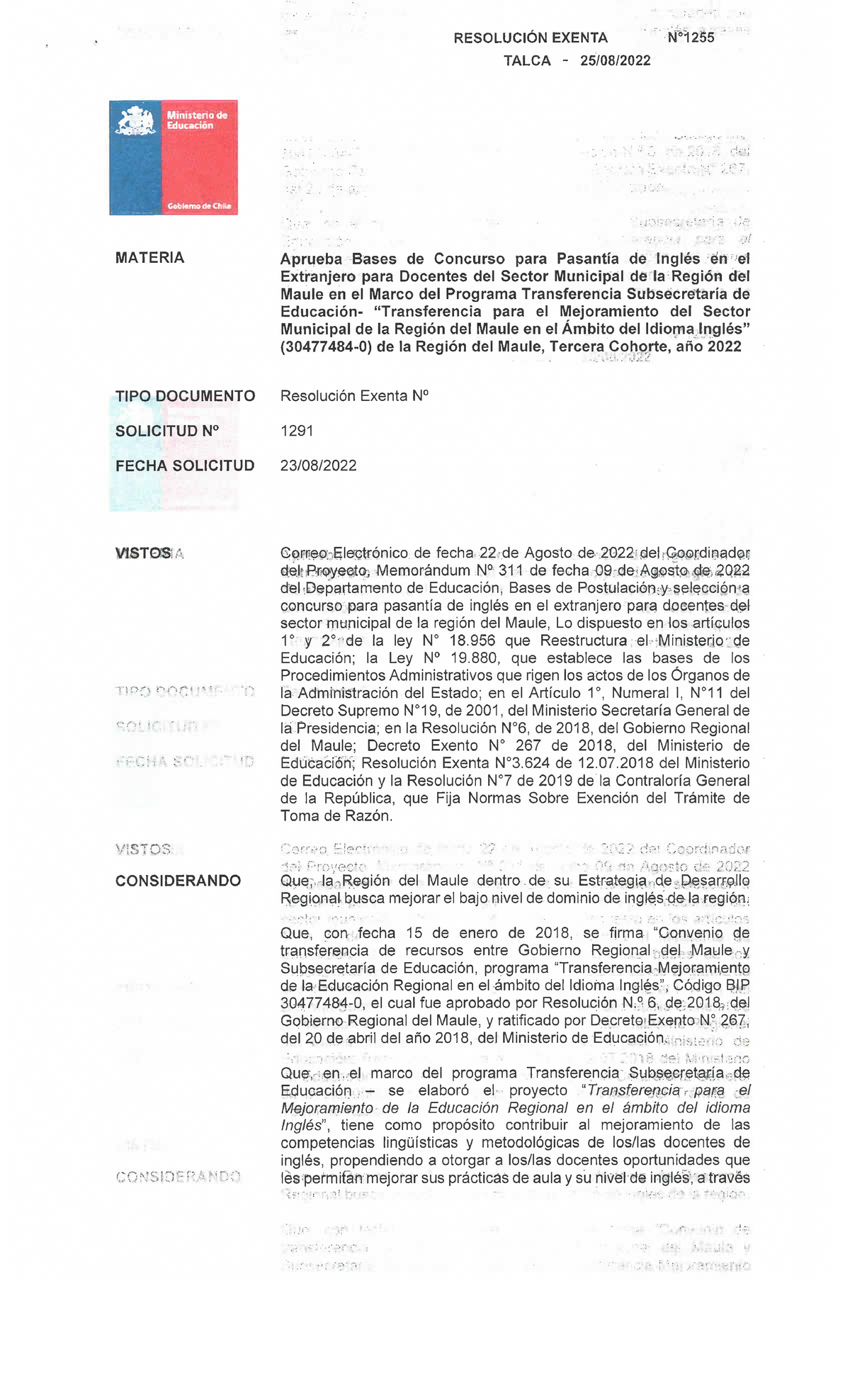 REX 1255 Aprueba Bases Concurso Pasantias DE Ingles Docentes ...