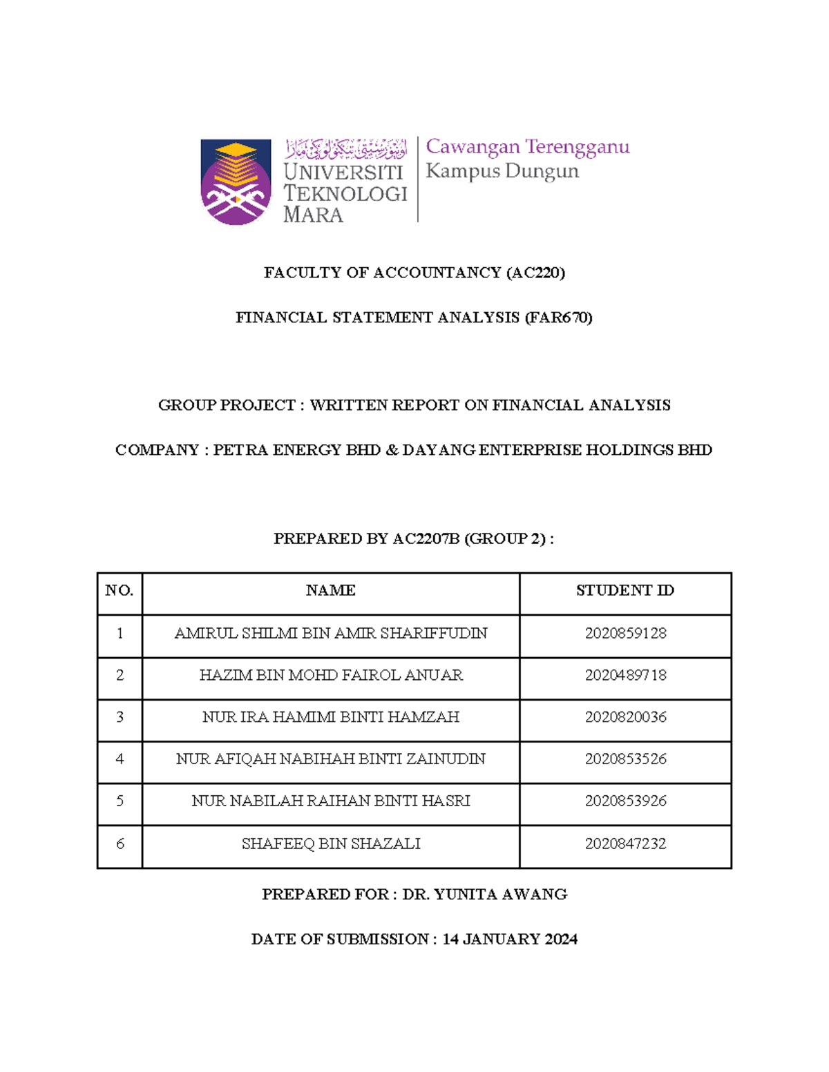 Contoh - report - FACULTY OF ACCOUNTANCY (AC220) FINANCIAL STATEMENT ...