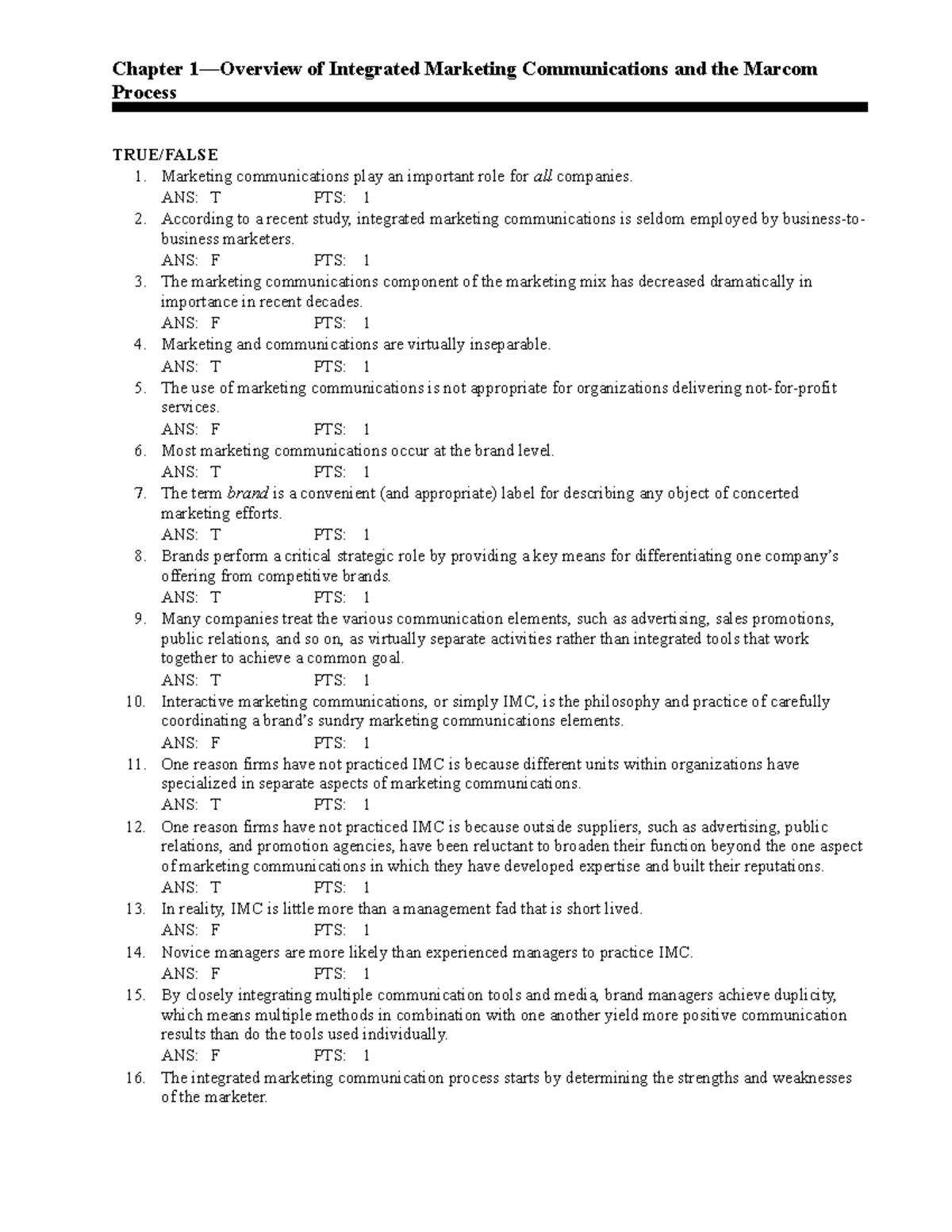 Test Bank Marcom IMC - test bank - Chapter 1—Overview of Integrated ...