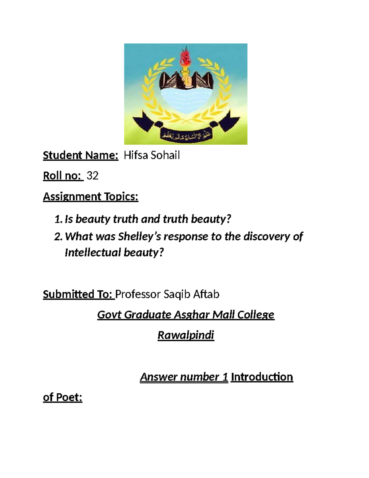 Document (10) - Heh - Student Name: Hifsa Sohail Roll no: 32 Assignment ...