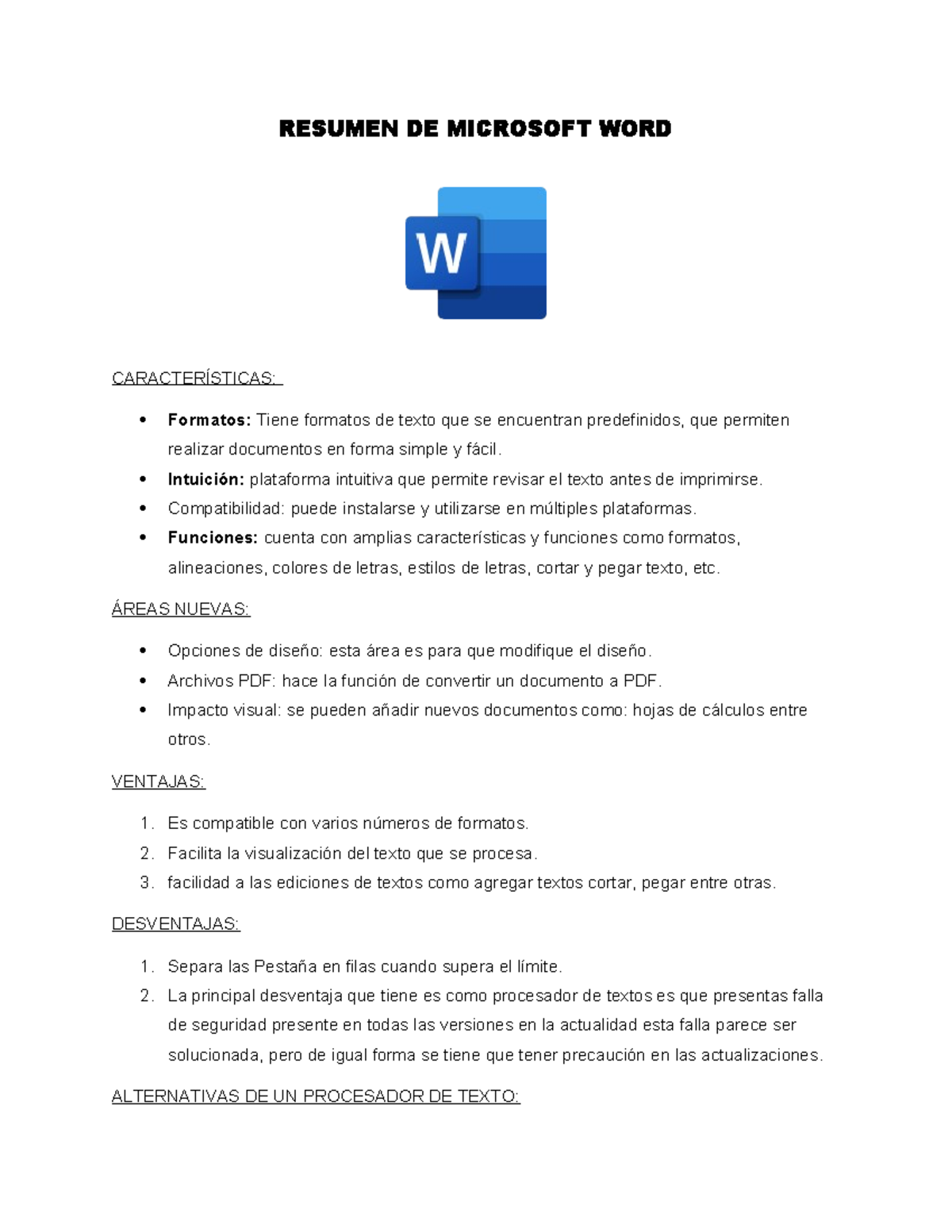 Resumen del contenido - RESUMEN DE MICROSOFT WORD CARACTERÍSTICAS ...