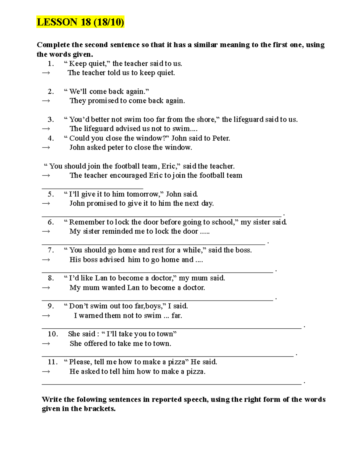 Bài tập Câu tường thuật với to-infinitive - English Speaking - NEU ...