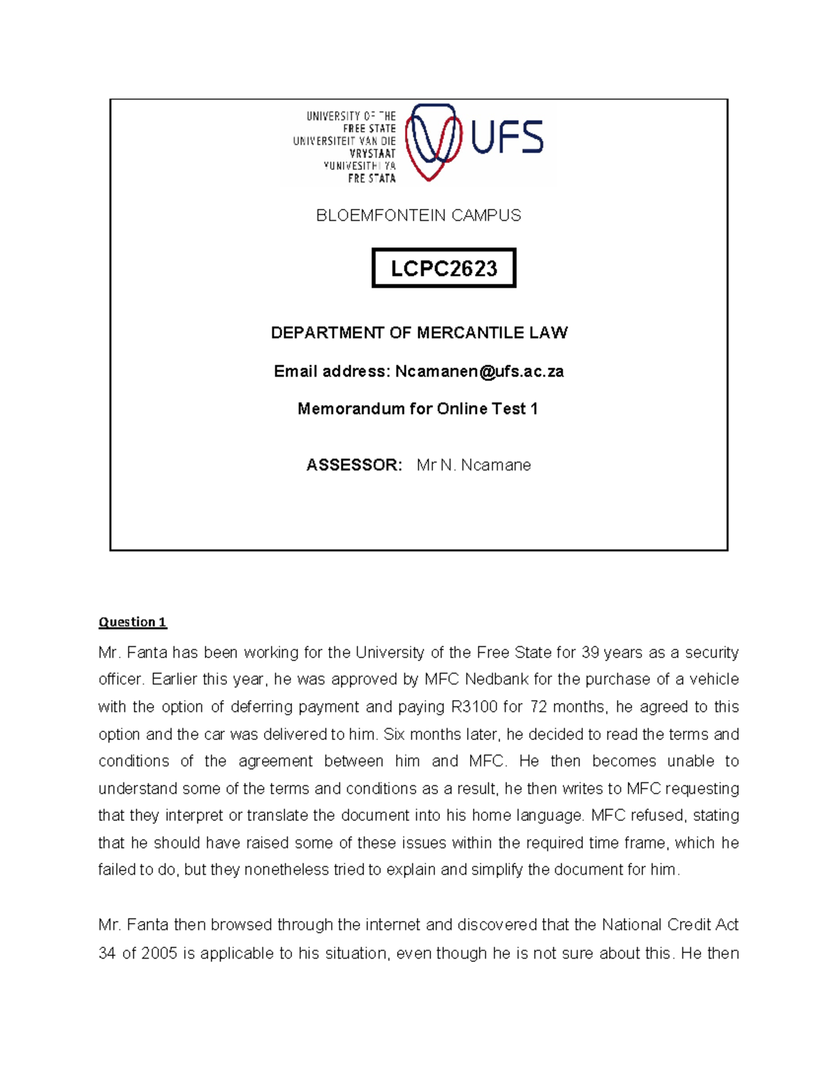 LCPC Memo for test 2 - LCPC Memo for test 2 - BLOEMFONTEIN CAMPUS ...