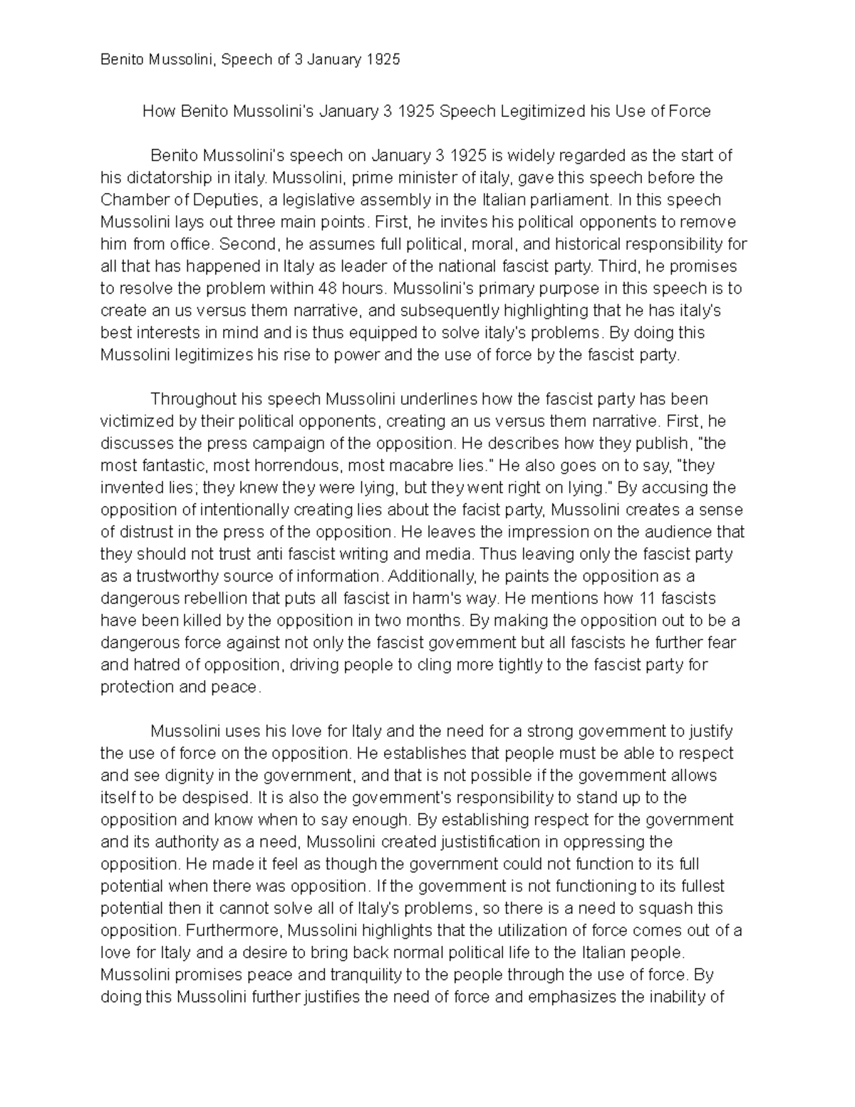 Primary Source Analysis - Brittany Huff - Benito Mussolini, Speech of 3 ...