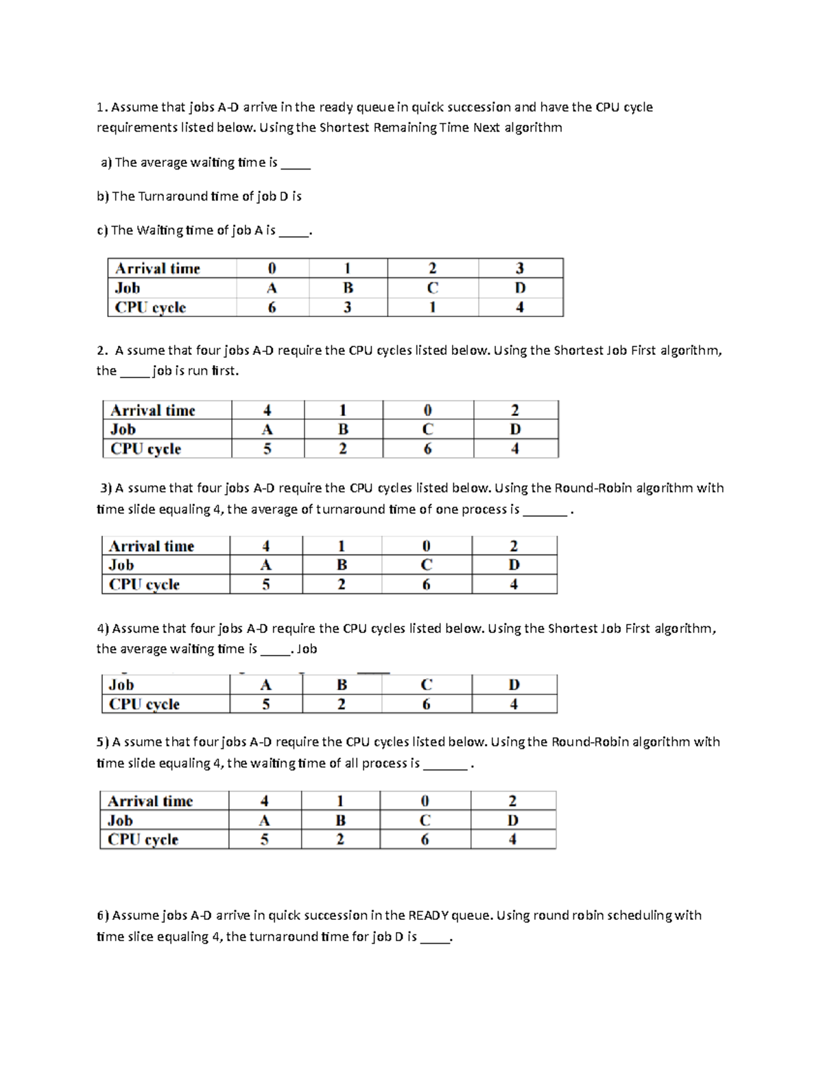 WS2.3.Process and Thread - Scheduling - Assume that jobs A-D arrive in ...