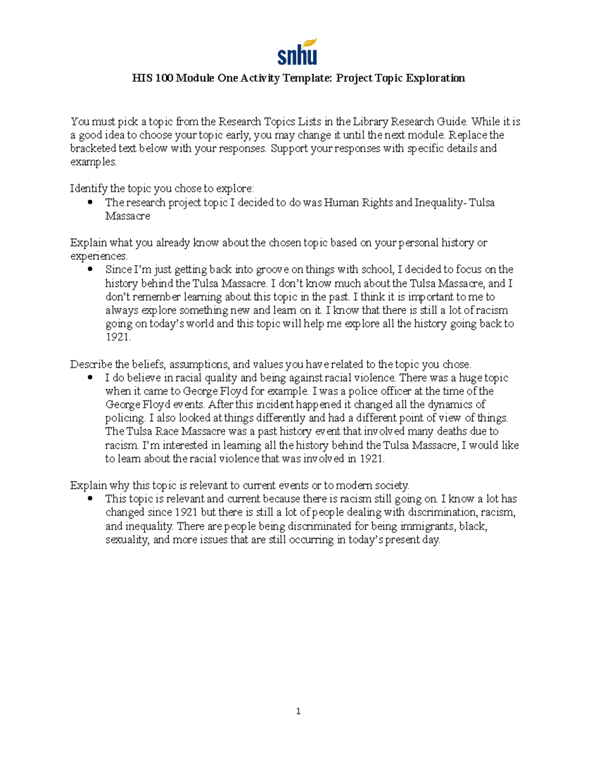 HIS 100 Module One Activity Template - While it is a good idea to ...