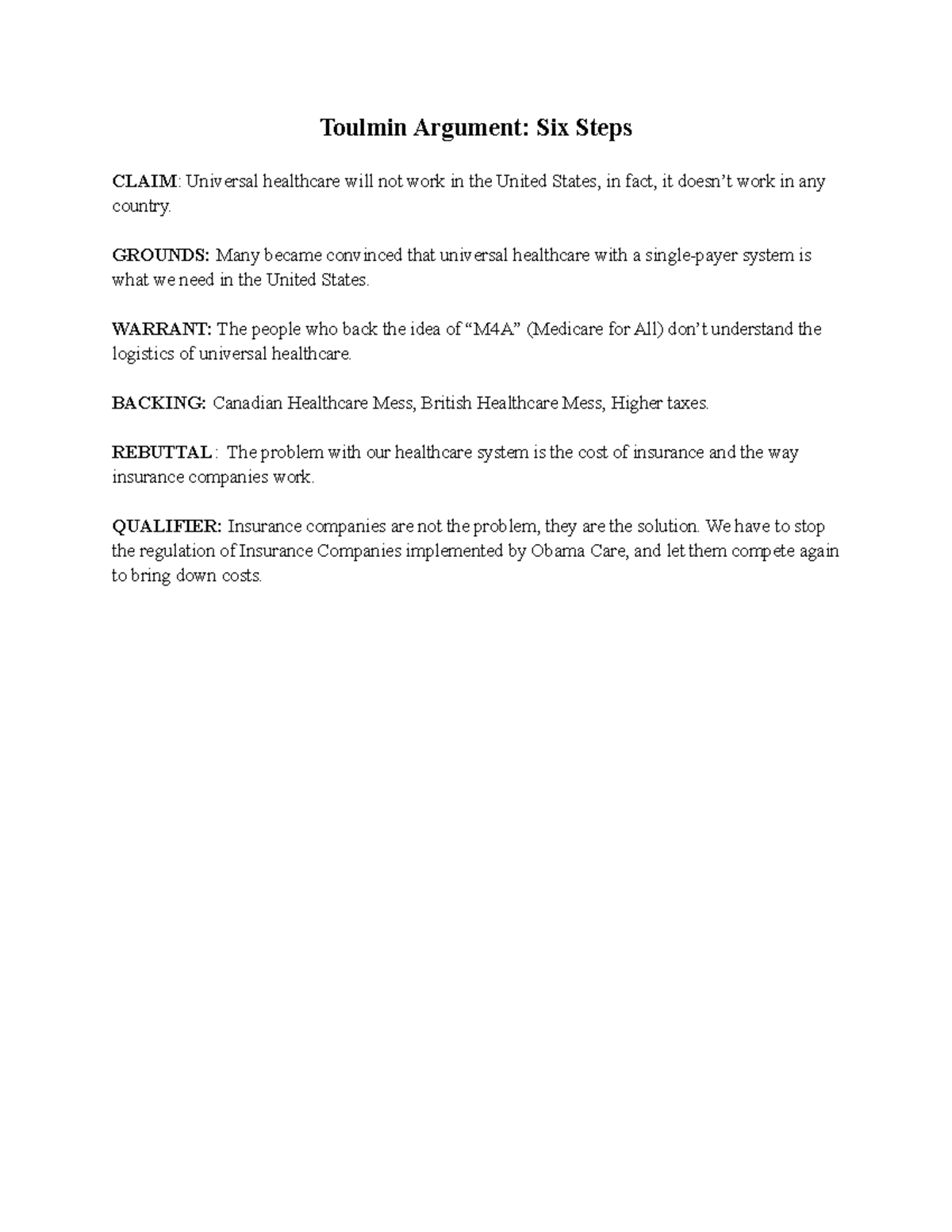 Sample Student Outline Universal Healthcare - Toulmin Argument: Six ...