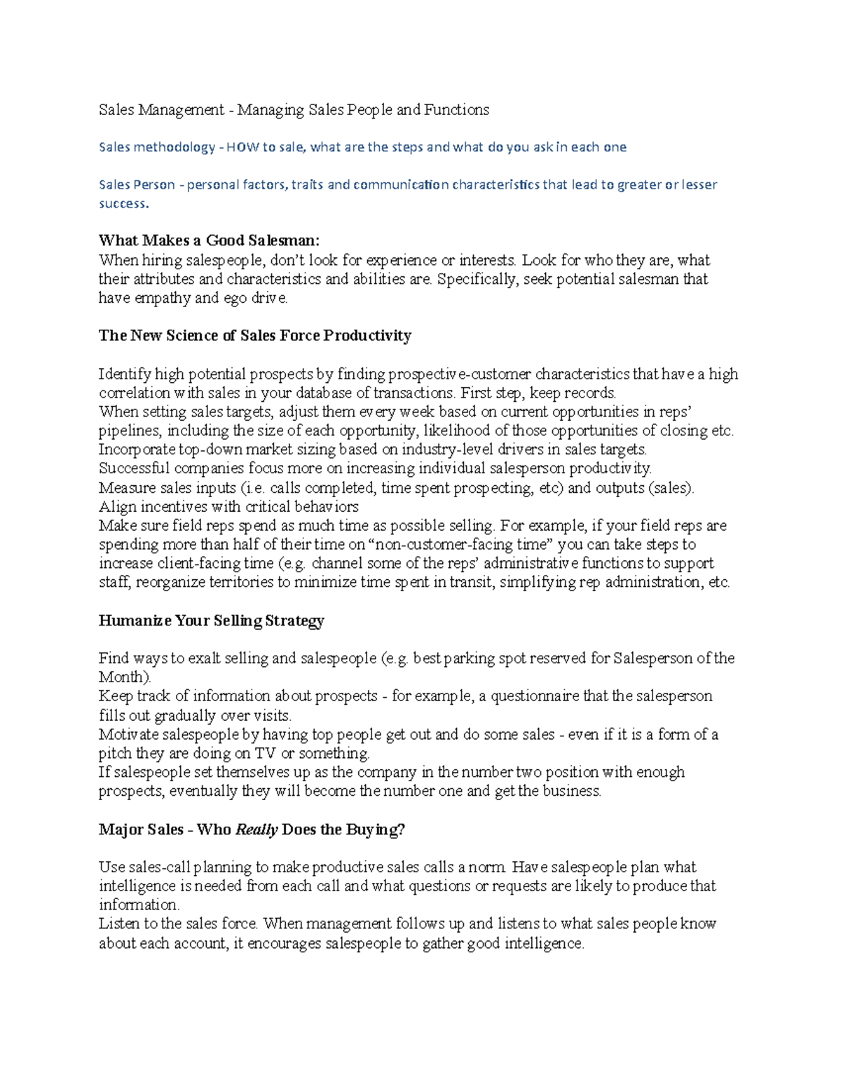 Sales Management Semester Notes - Sales Management - Managing Sales ...