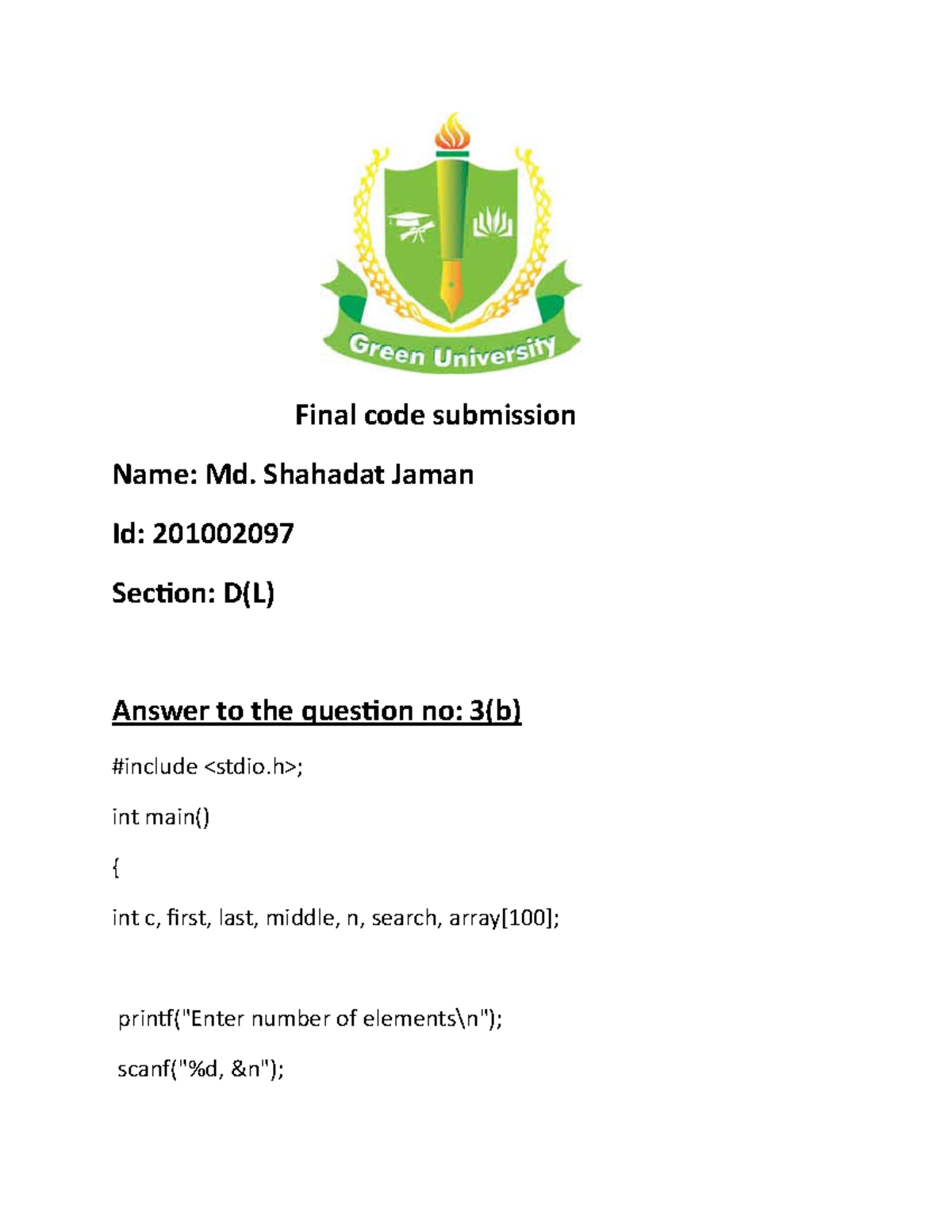 Data structure final code subnission - Final code submission Name: Md ...
