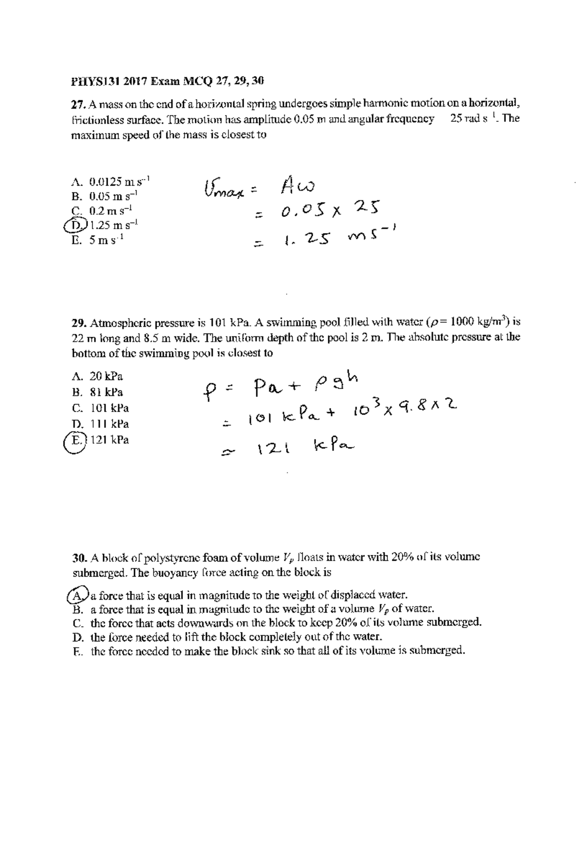 PHYS131 2017 Exam MCQ 27-30 Solutions - PHYS 131 - Studocu