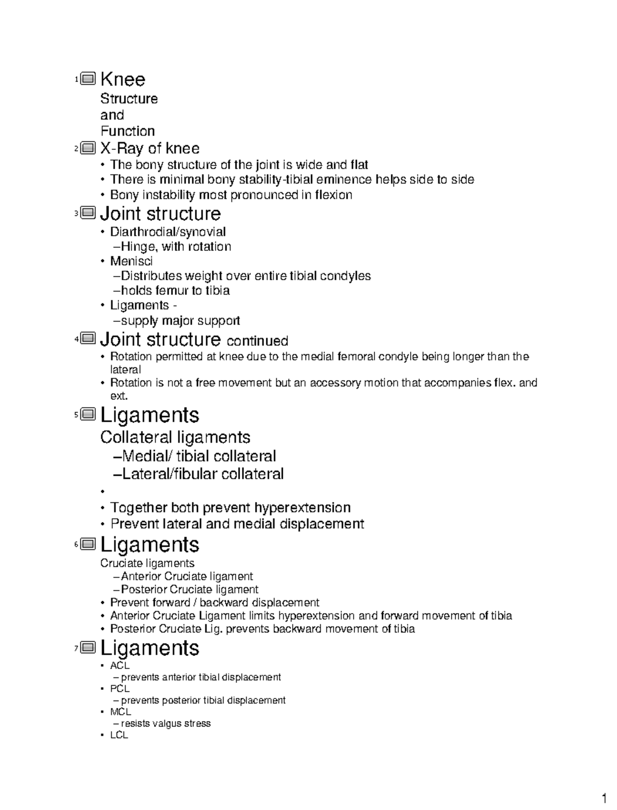 Outline Kneeppt - lecture notes - 1 Knee Structure and Function 2 of ...