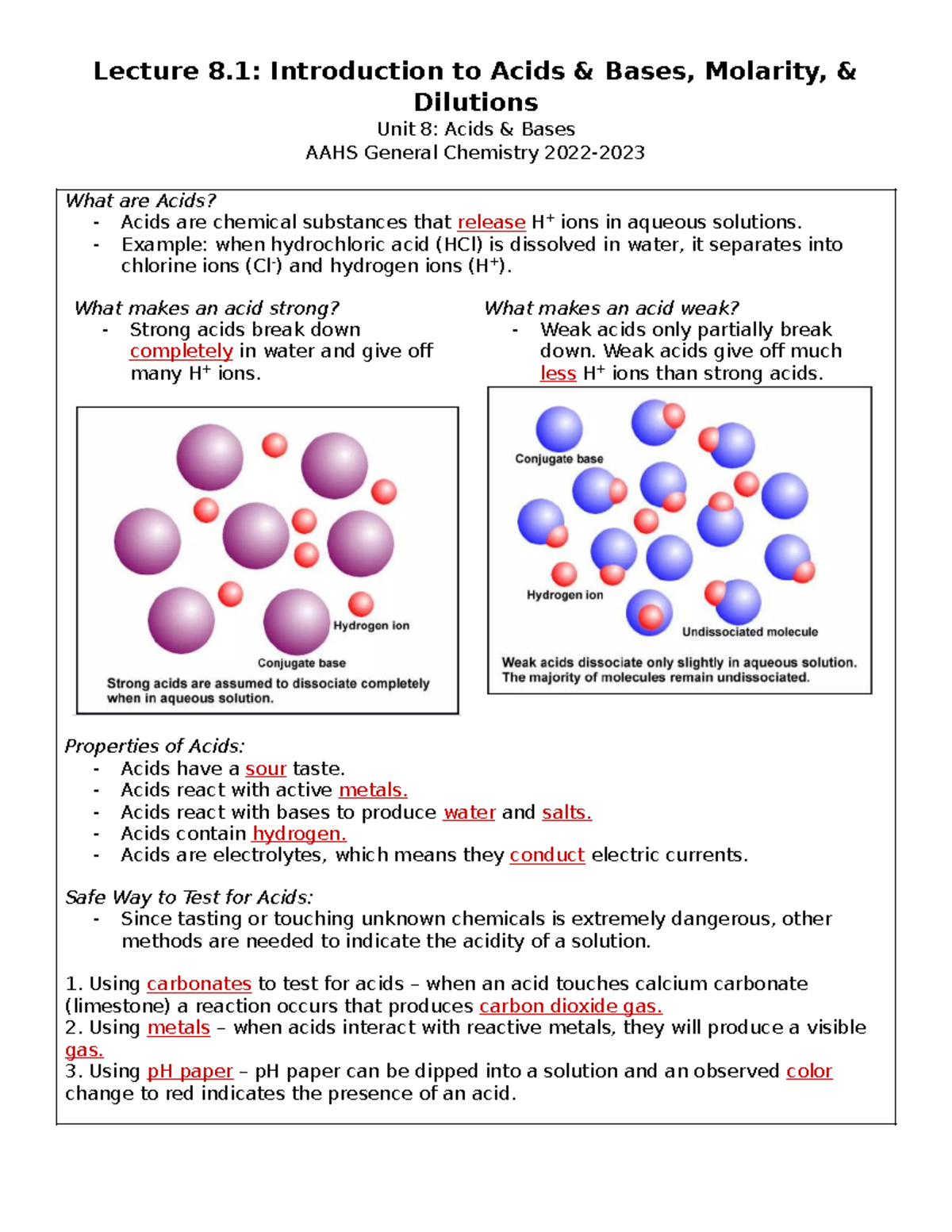 01 Lecture 8 - molarity notes - Lecture 8: Introduction to Acids ...