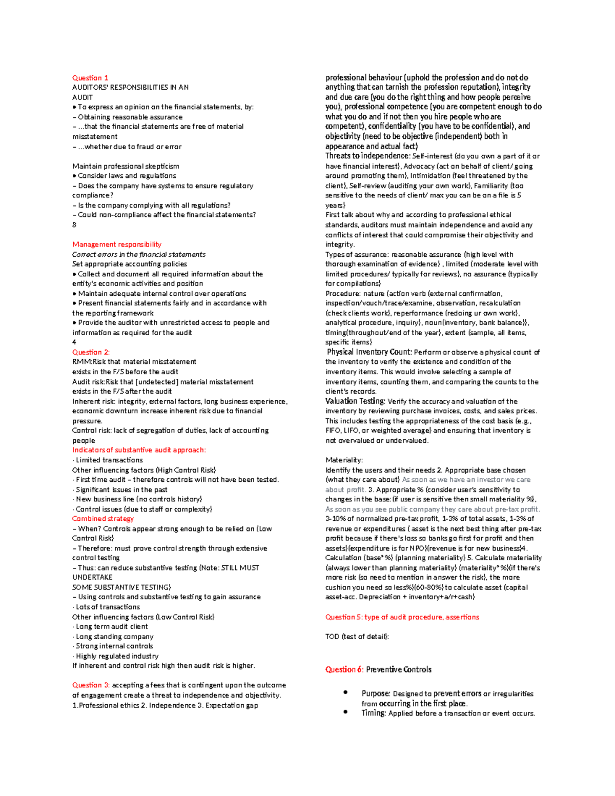 Cheat sheet audit - Question 1 AUDITORS’ RESPONSIBILITIES IN AN AUDIT ...