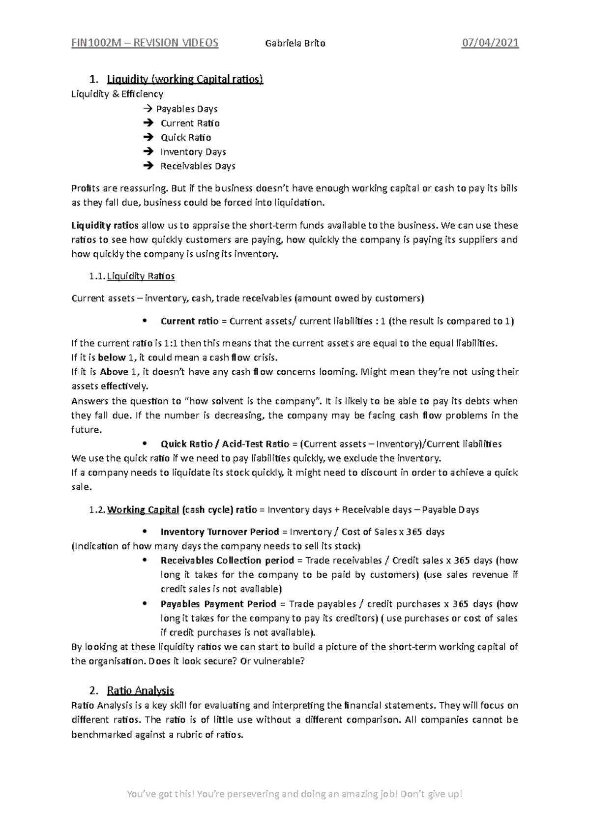 Revision Videos resuming - 1. Liquidity (working Capital ratios ...