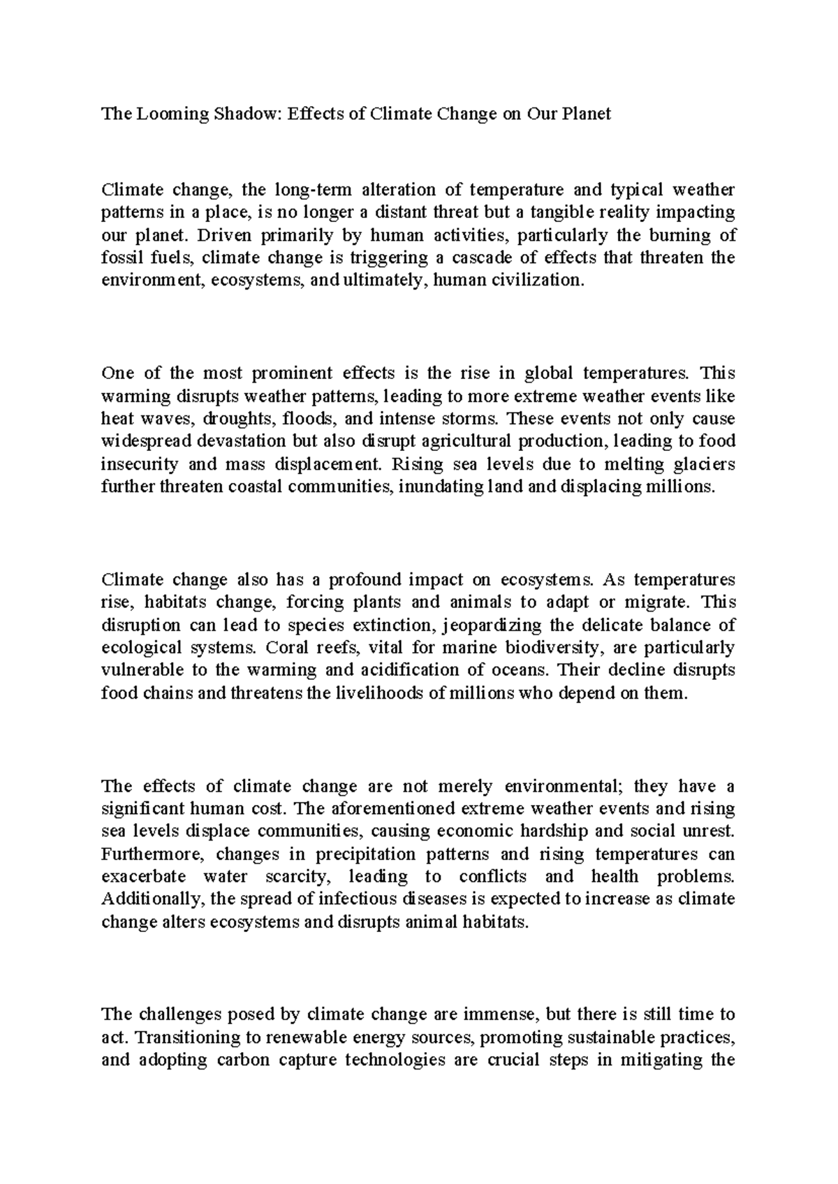 Climate Change on Our Planet - The Looming Shadow: Effects of Climate ...