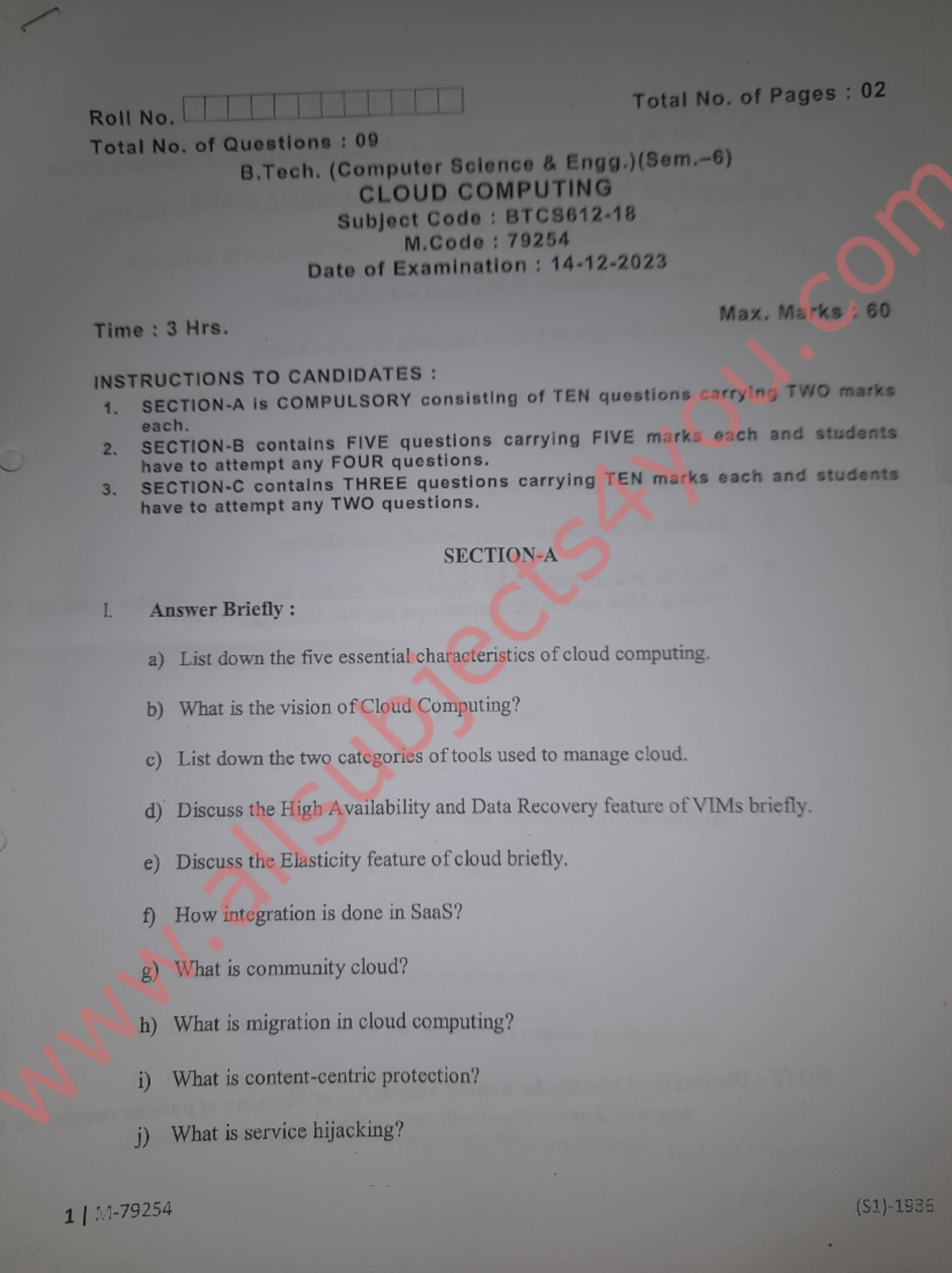 Btech-SEM-6-BTCS-612-18 watermark - Roll No, Total No. of Questions ...