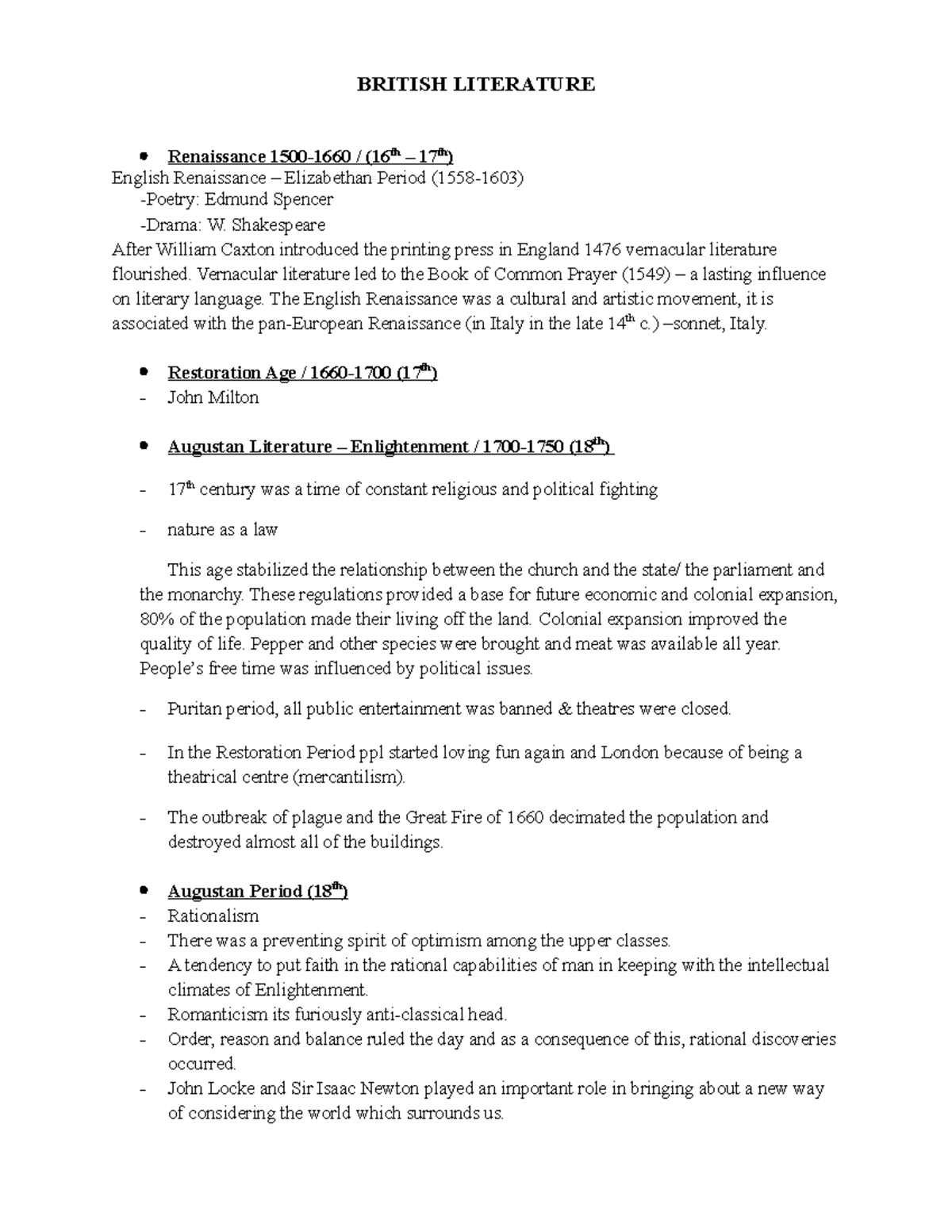 English Literature - Literary Periods - BRITISH LITERATURE Renaissance ...