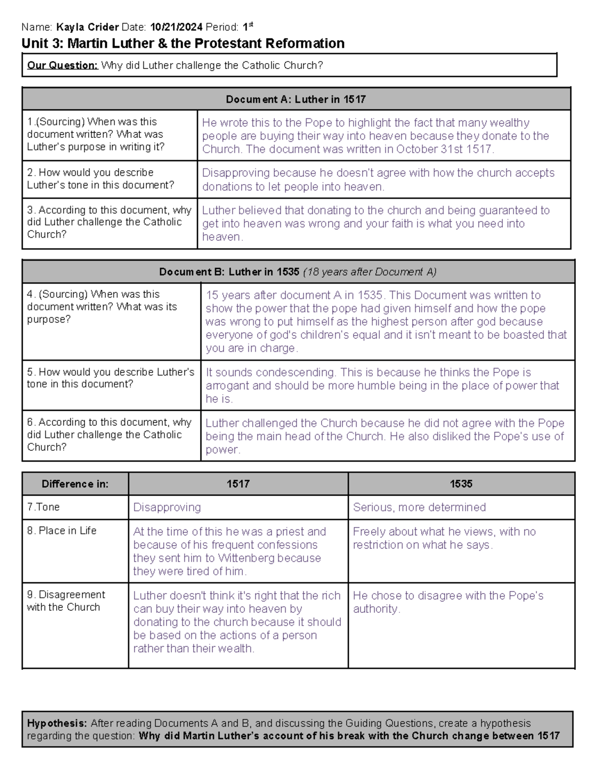 Unit 3 Protestant Reformation Activity (Student Handout) - Name: Kayla ...