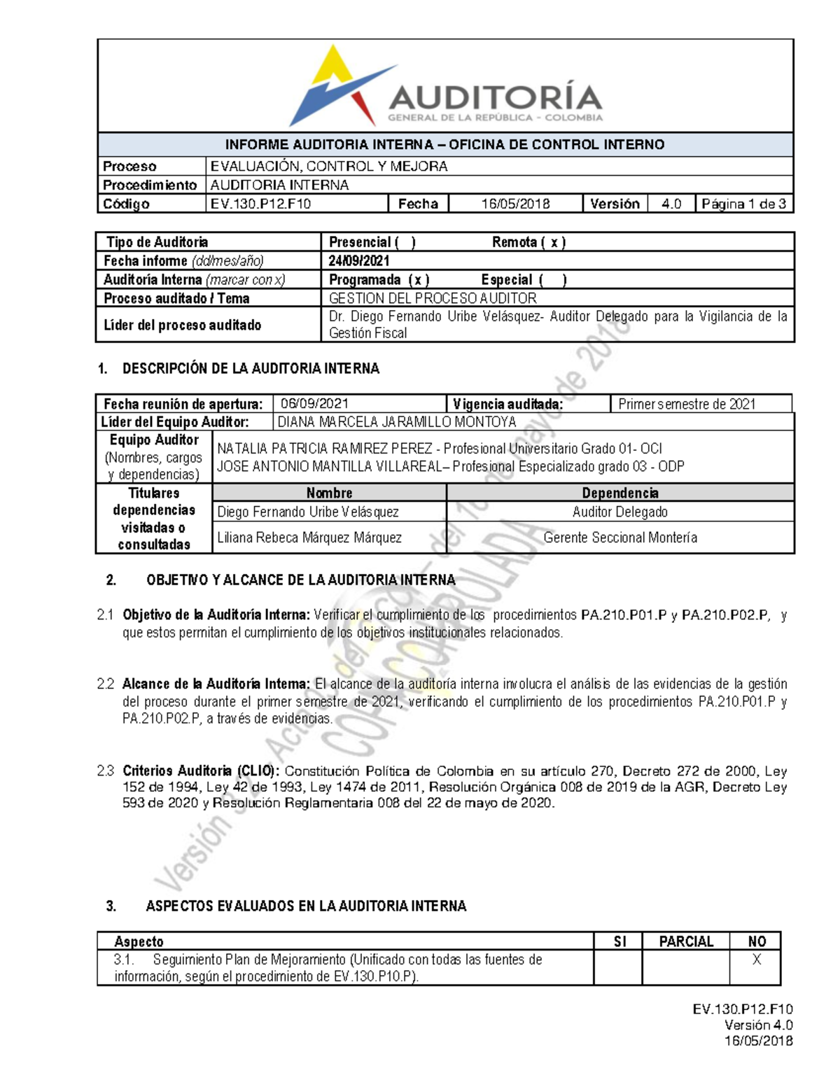 Informe Auditoria Interna A LA Gestión DEL Proceso Auditor - gestión de la calidad - Studocu