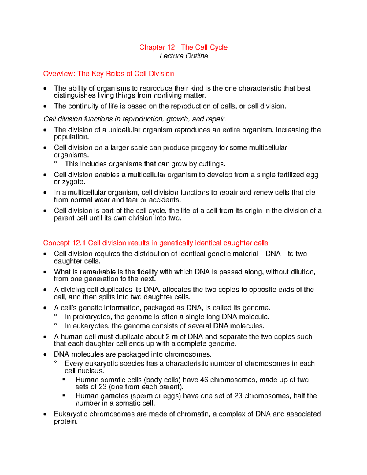 Chapter 12 outline - biology 101 lecture notes - Chapter 12 The Cell ...