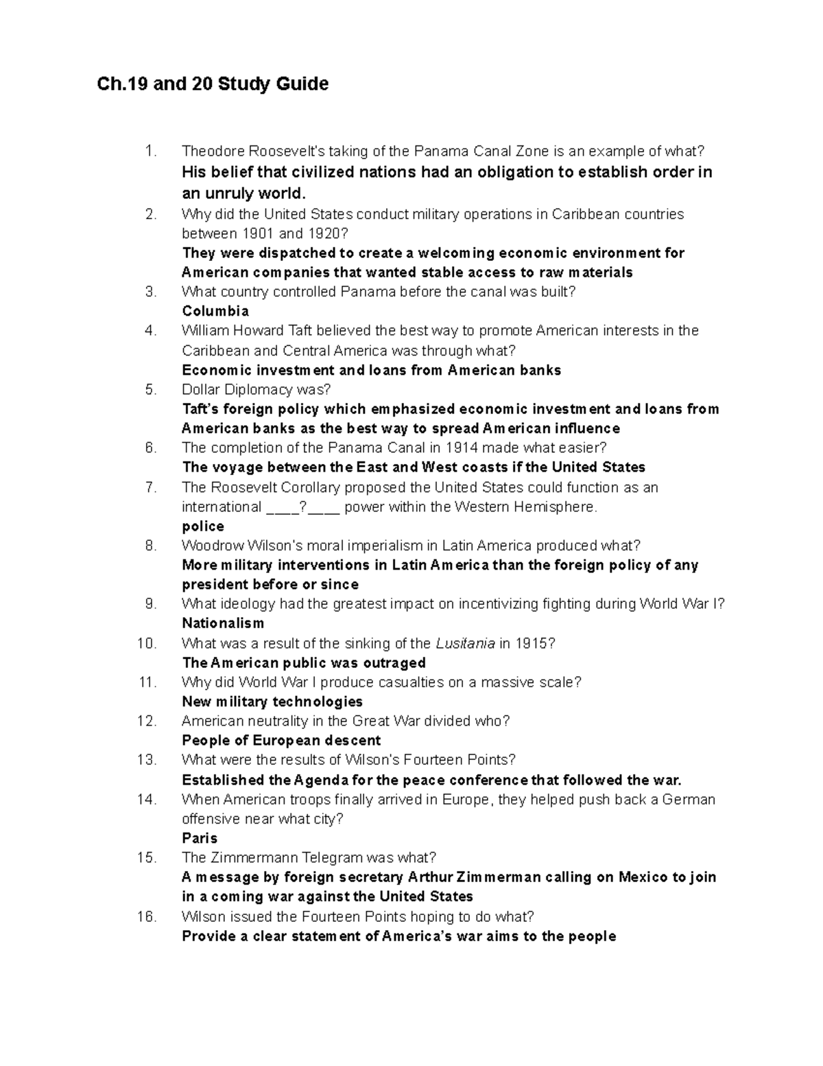 Ch.19 and 20 study guide - Ch and 20 Study Guide 1. Theodore Roosevelt’s taking of the Panama ...