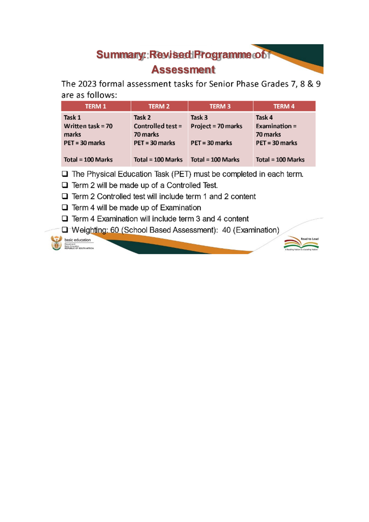 Programme OF Assessment - Summany::RevisedProgrammeoff Assessment The 2023 formal assessment ...