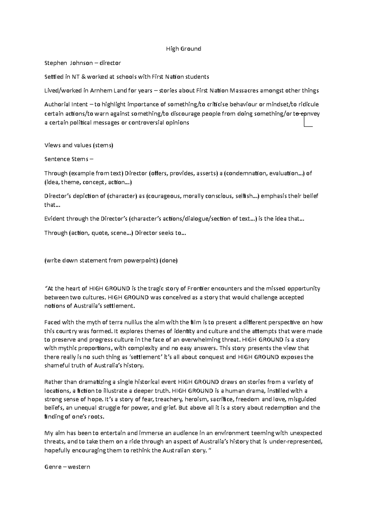 High ground notes - Analysis note taking - High Ground Stephen Johnson ...