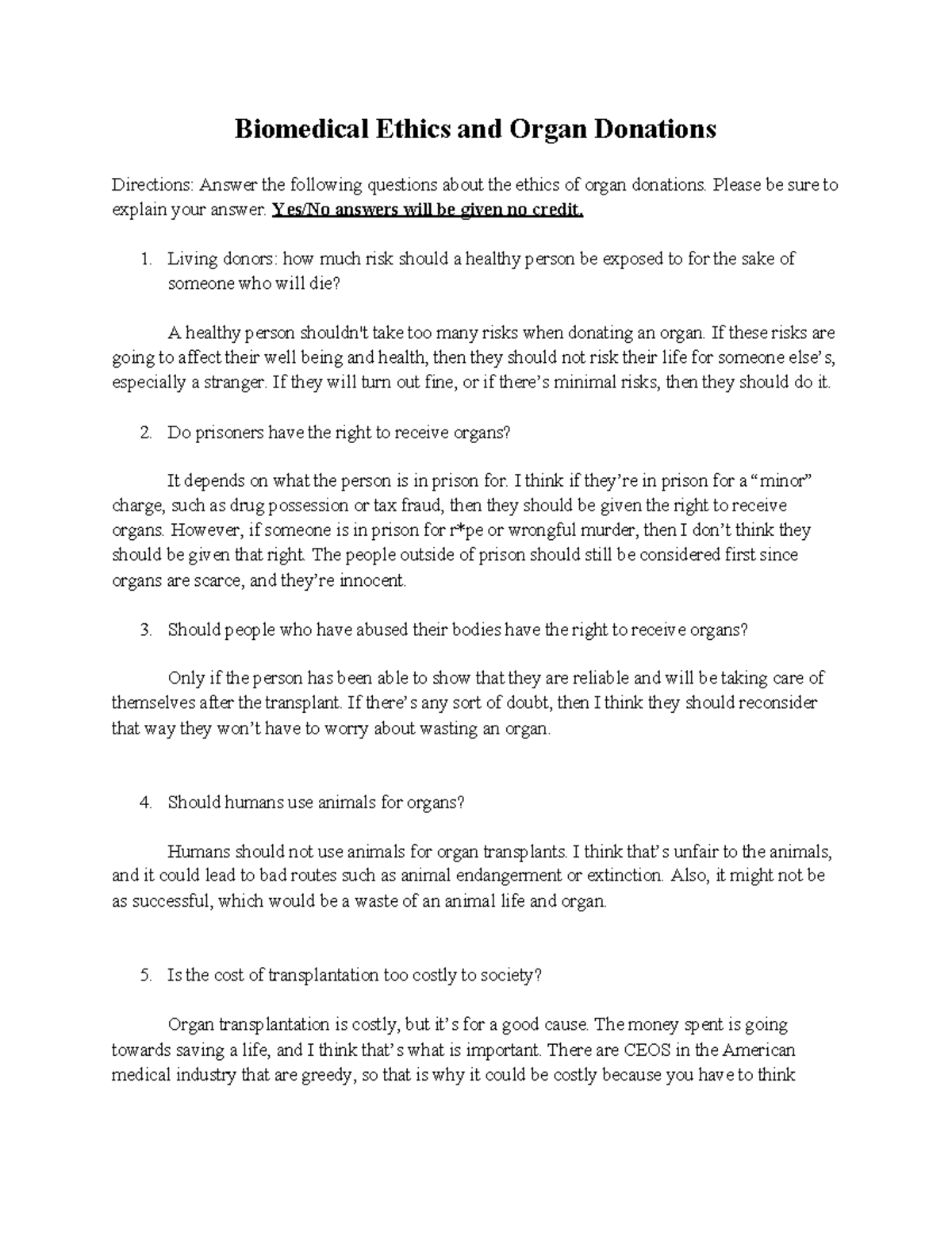 Biomedical Ethics and Organ Donations - Biomedical Ethics and Organ ...