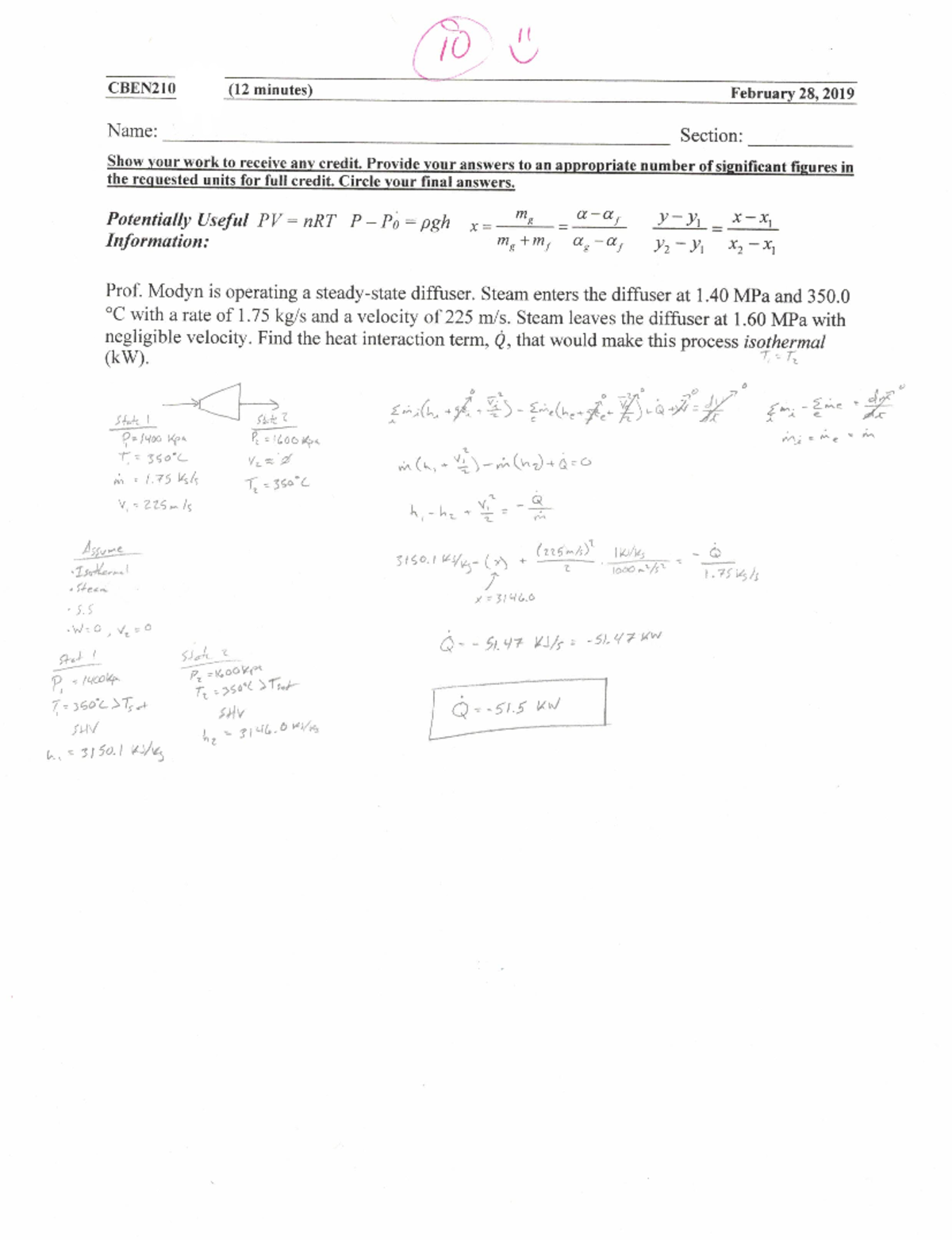 CSM Mines CBEN 210 Thermodynamics Practice Quiz February 2019 - CBEN210 ...