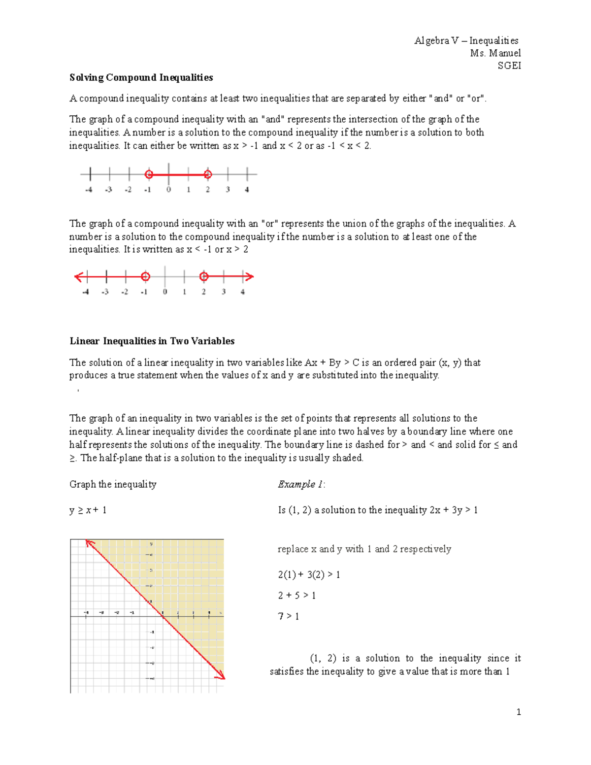 Algebra 5 - alge - Algebra V – Inequalities Ms. Manuel SGEI Solving ...