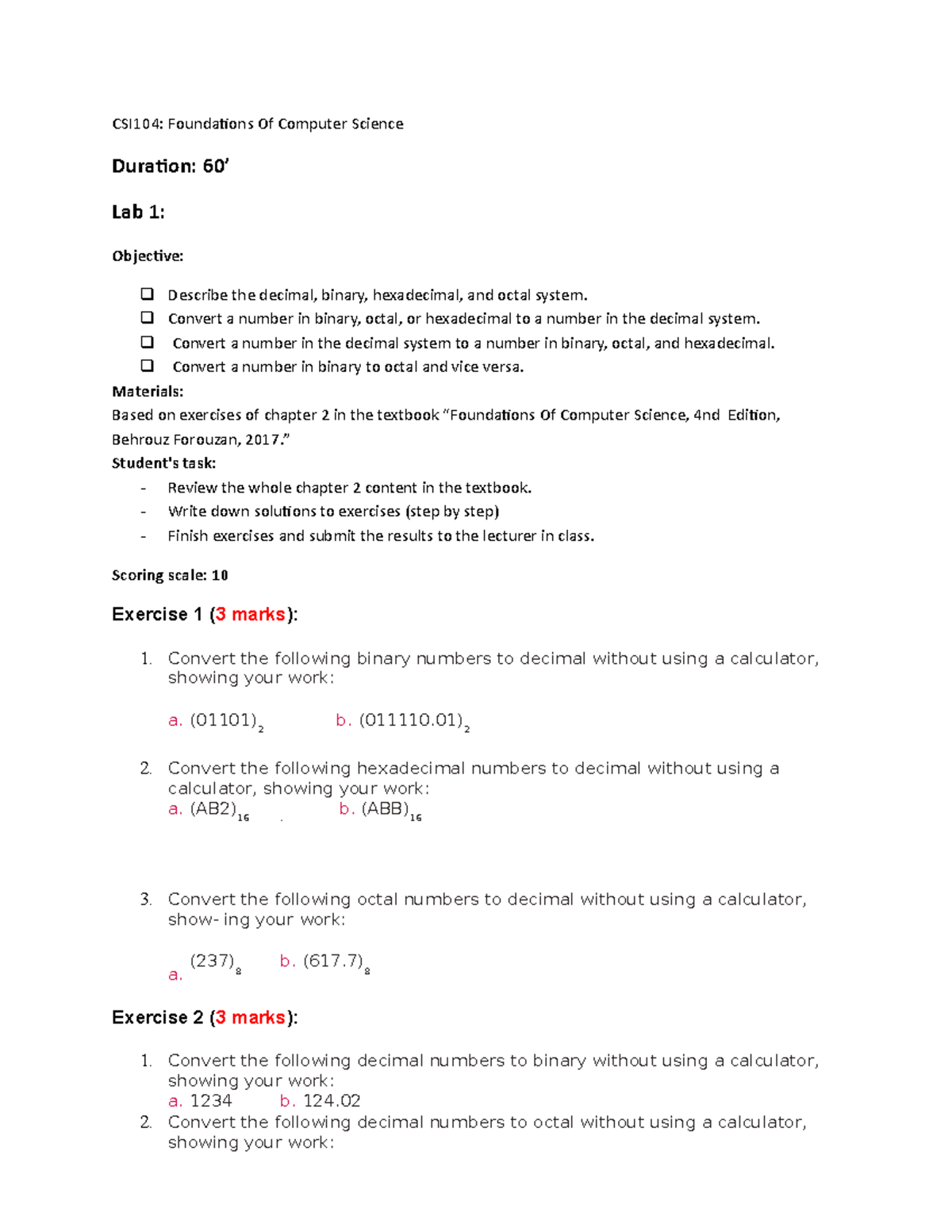 Lab 01 2 - Lab 01 2 - CSI104: Foundations Of Computer Science Duration: 60’ Lab 1: Objective ...