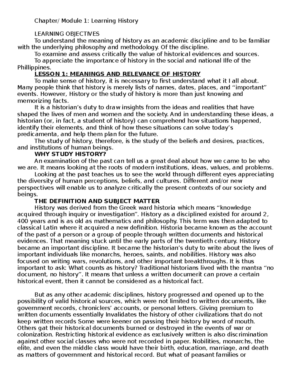 Rph module - Chapter/ Module 1: Learning History LEARNING OBJECTIVES To ...