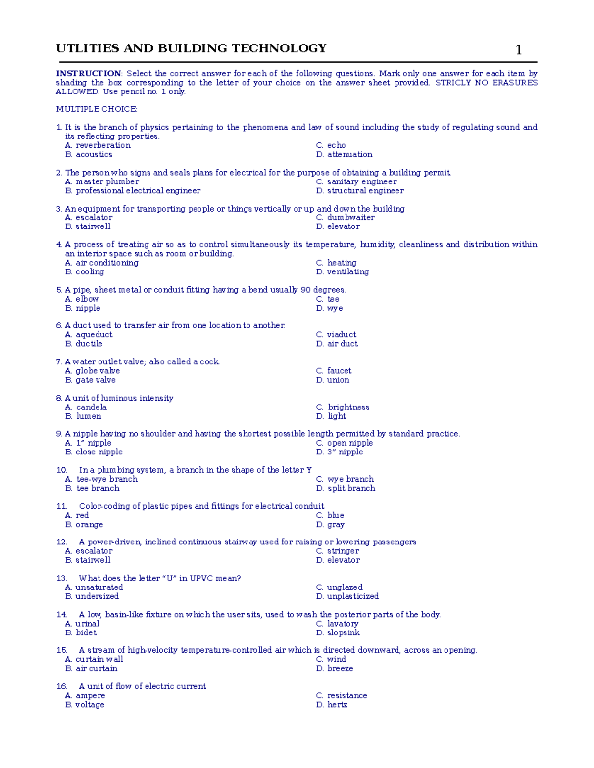 Util and bldg tech compilation - INSTRUCTION: Select the correct answer ...